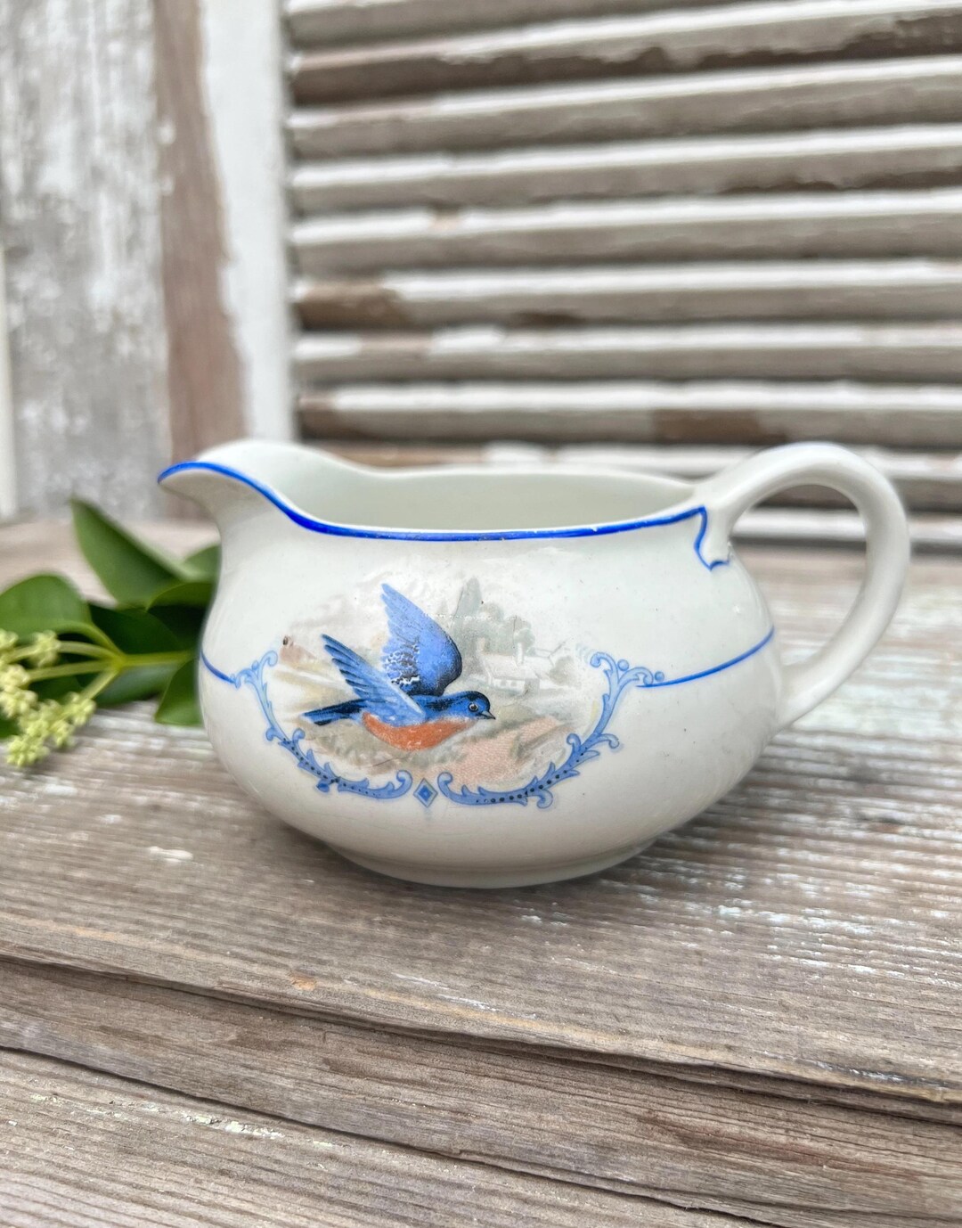 Antique White Ironstone BLUEBIRD Pitcher GRAVY Farmhouse Decor Grungy ...