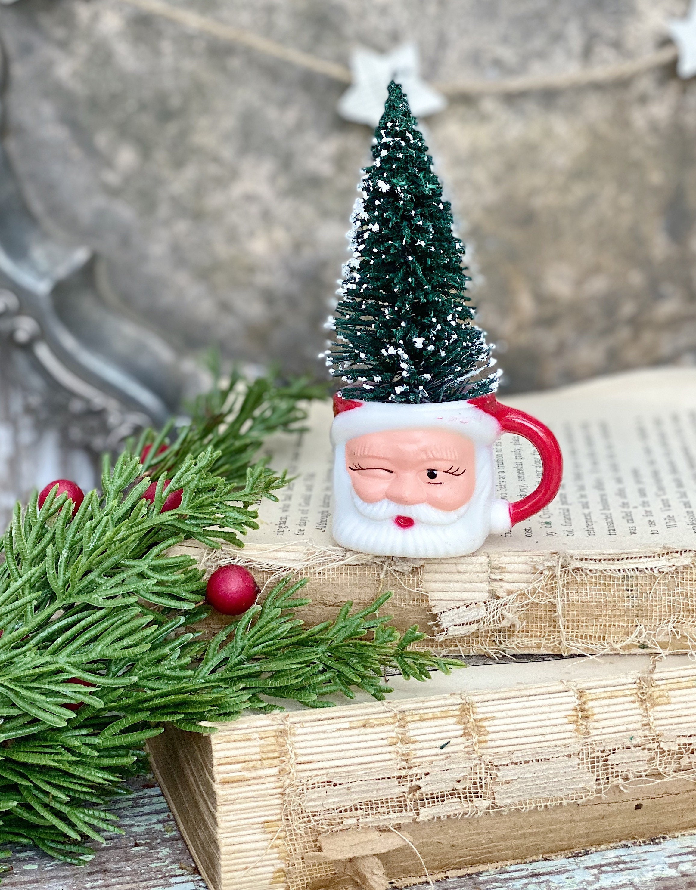 Vintage Santa Claus Cup Mini Mug with Bottle Brush Tree Santa WINKING ...