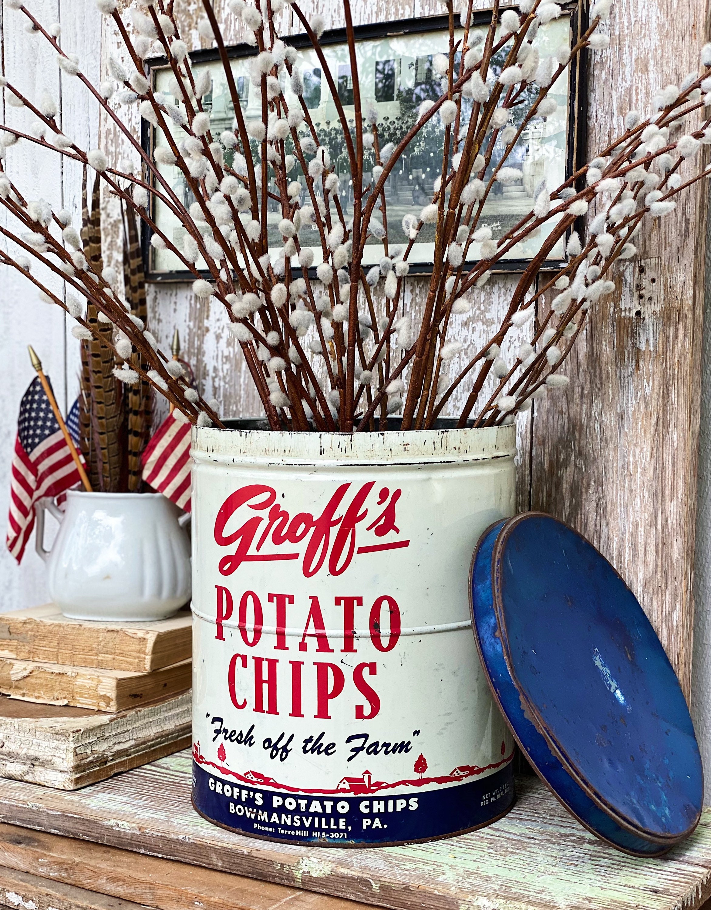 Antique GROFF’S POTATO CHIPS Red White Blue Tin Can Bucket Galvanized ...