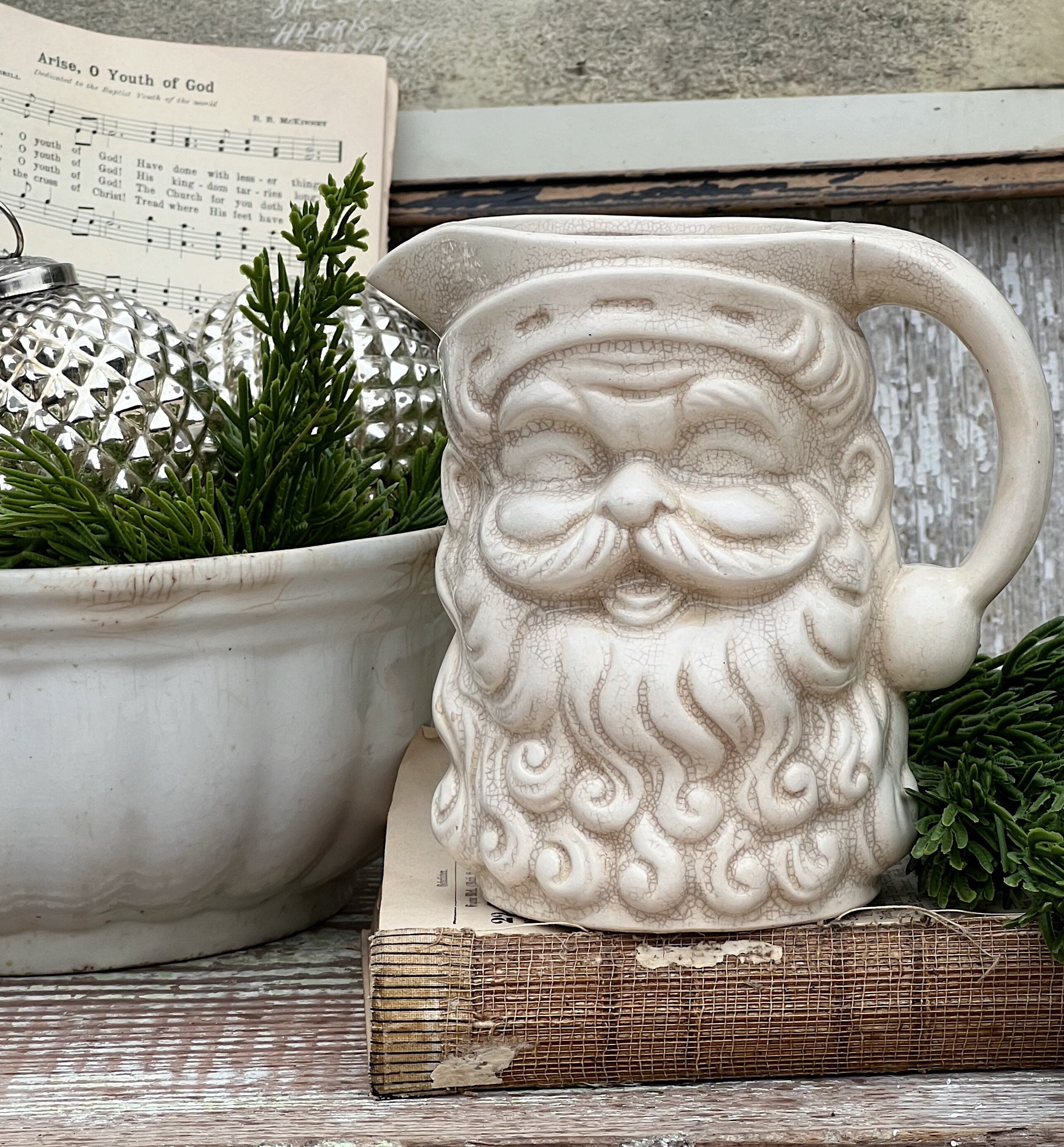 Vintage Ironstone Santa Claus PITCHER Creamy White Farmhouse Christmas ...