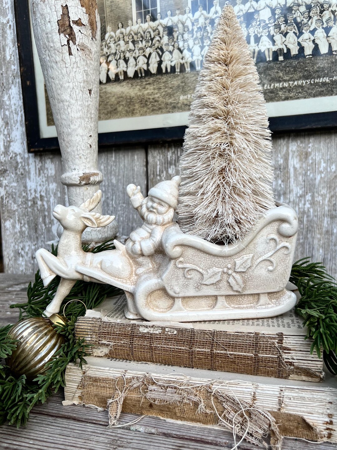 Vintage SANTA SLEIGH Reindeer PLANTER Creamy White Ironstone Ceramic ...