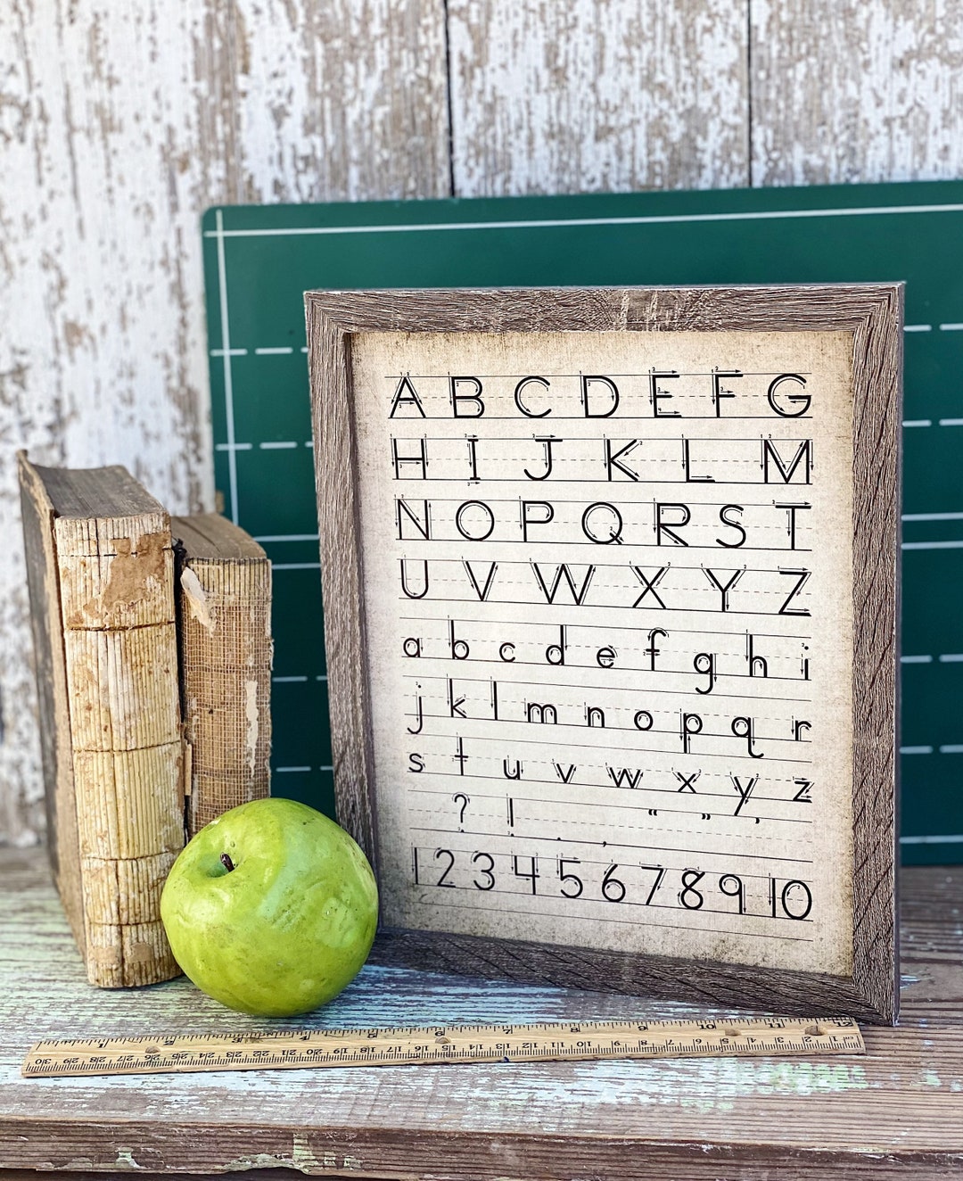 Vintage ALPHABET Wood Sign Frame Homeschool Decor Handwriting Mounted ...