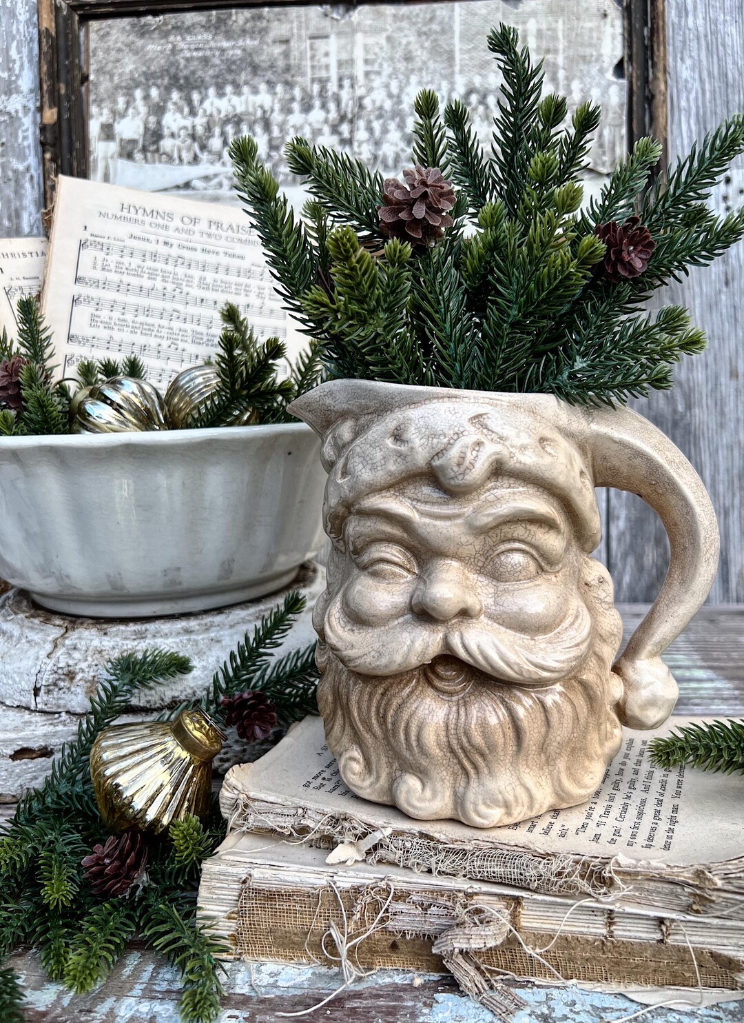 Vintage Ironstone Santa Claus Pitcher LARGE Creamy White Farmhouse ...