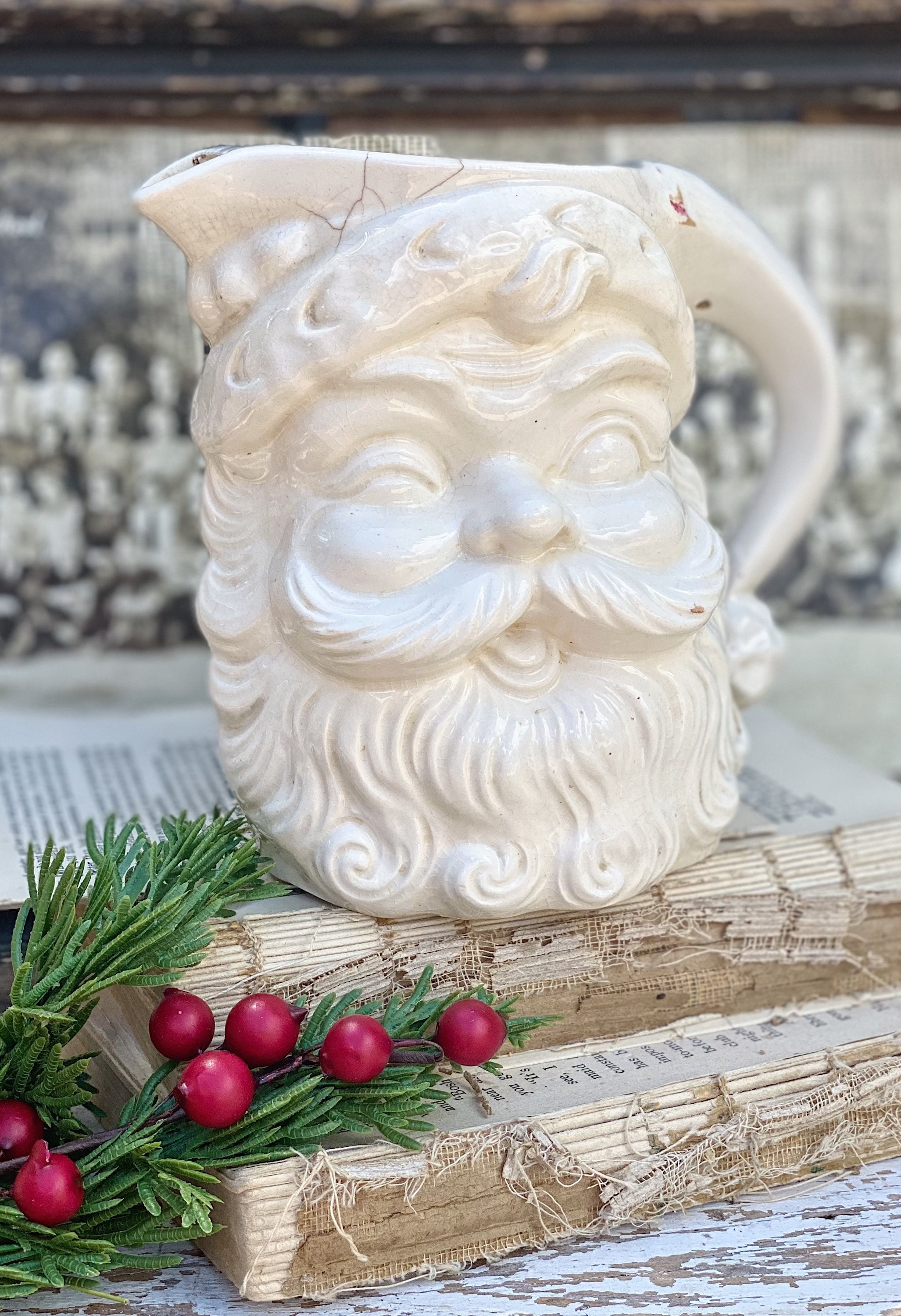 Vintage LARGE Ironstone Santa Claus PITCHER Creamy White Santa Face ...
