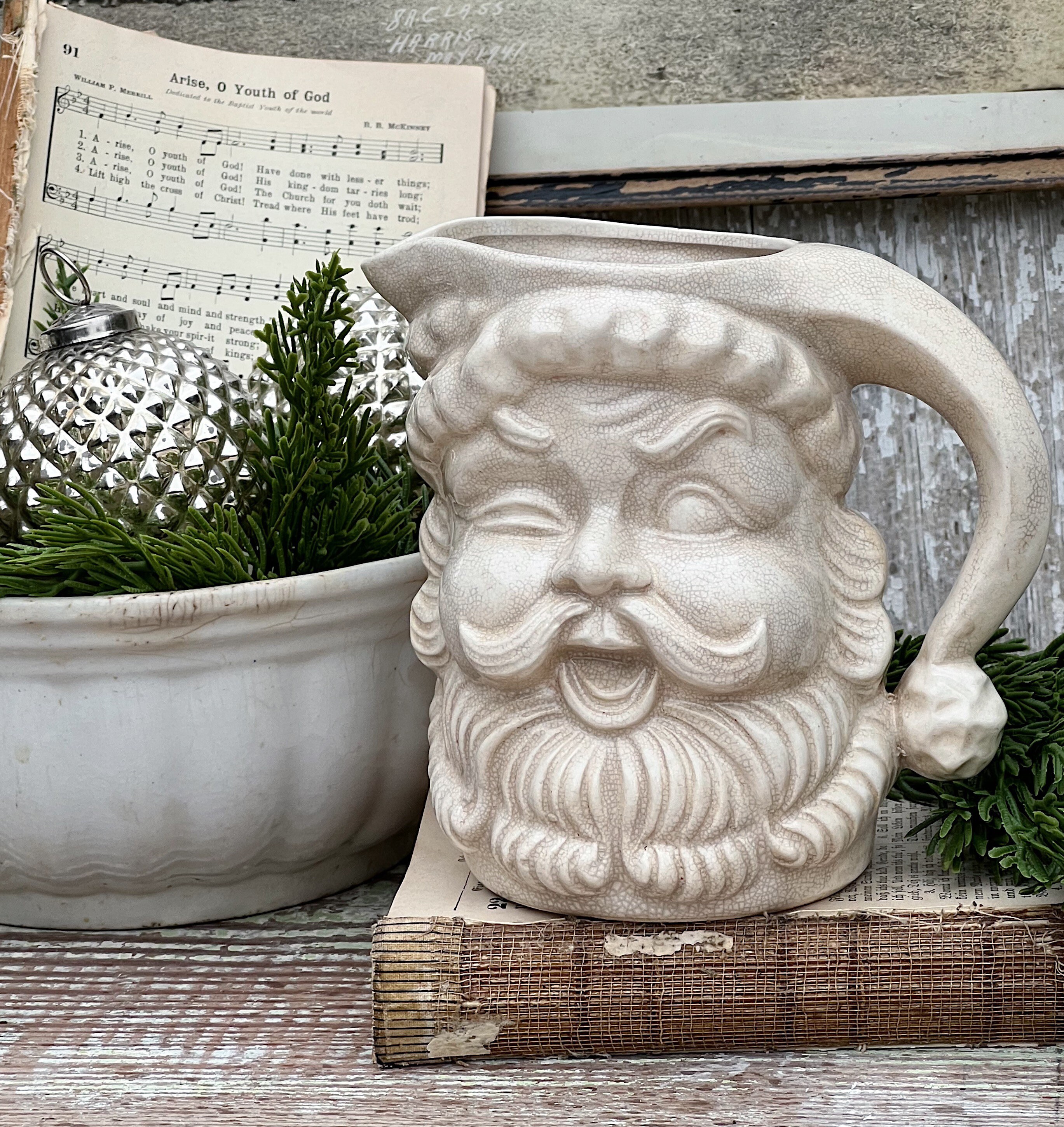 Vintage Ironstone Santa Claus PITCHER Creamy White Farmhouse Christmas ...