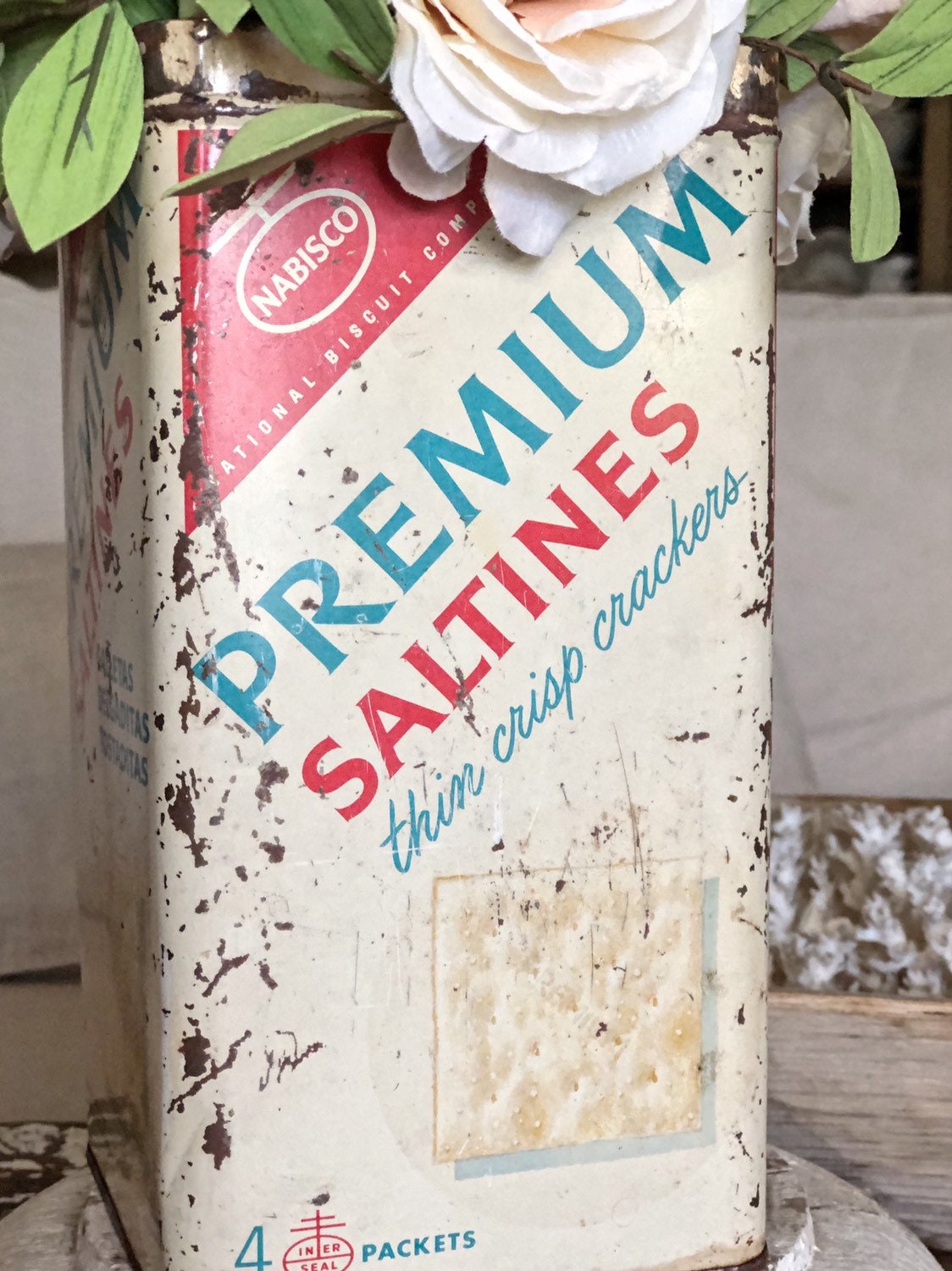 Vintage SALTINES CRACKER Can Tin Canister Farmhouse Decor Fixer Upper ...