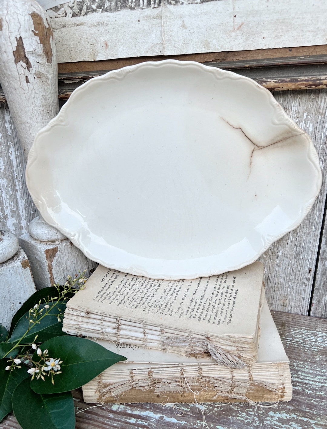 Antique White Ironstone Platter Crazing Grungy Stained Farmhouse Decor ...