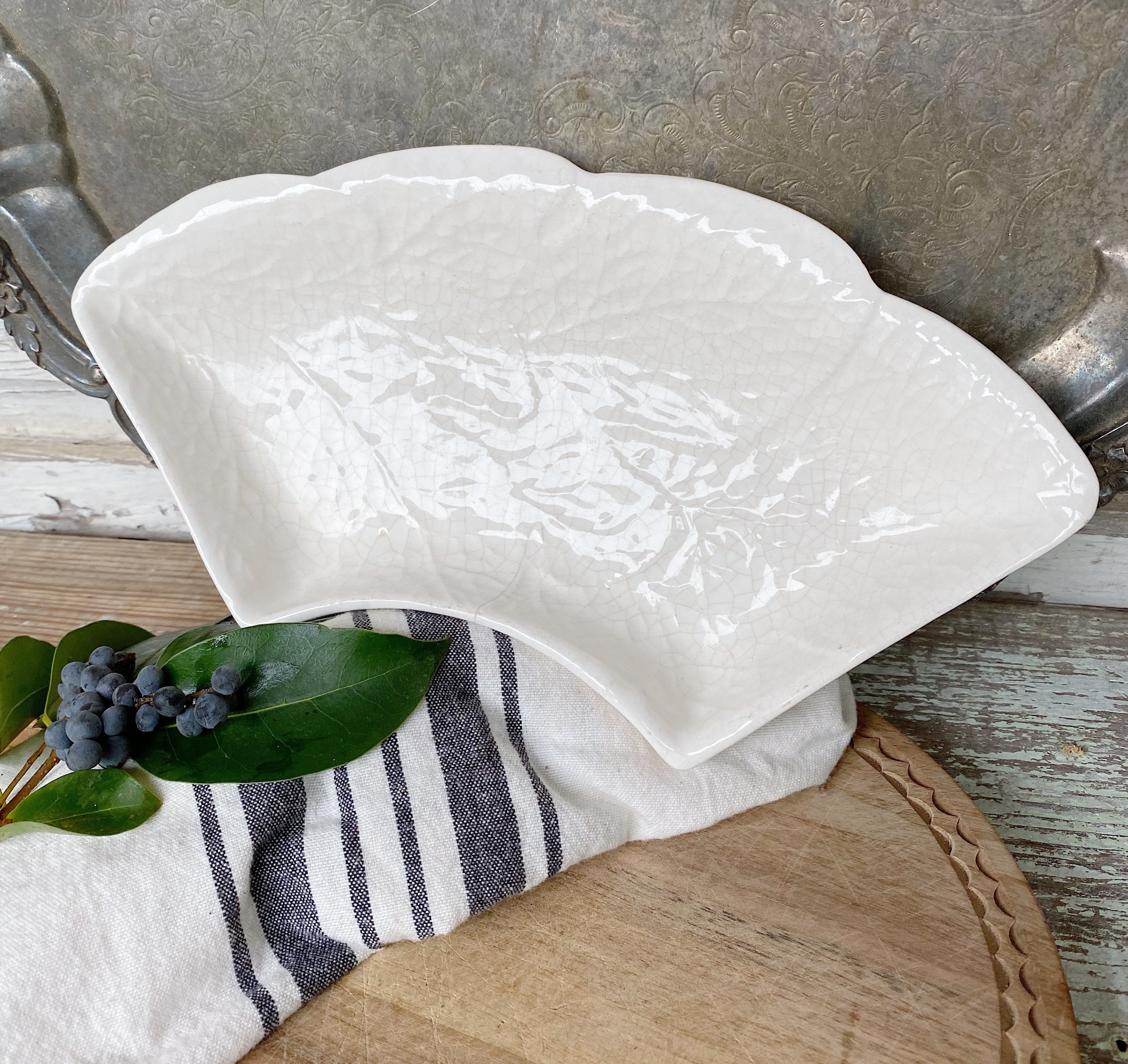 Vintage White Ironstone Ruffled Bowl Scallop Half Moon Platter Arch ...
