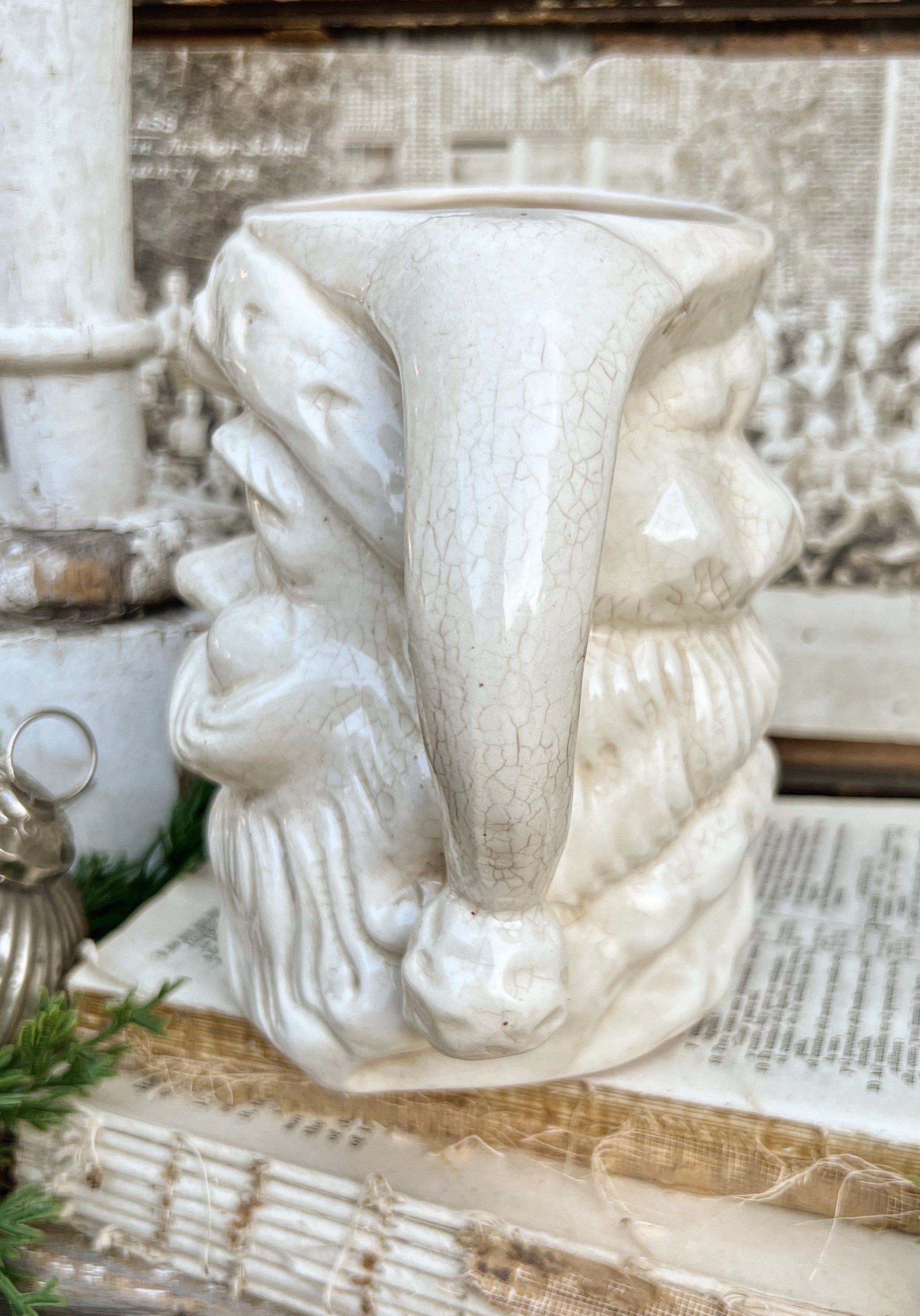 Vintage Ironstone Santa Claus PITCHER Creamy White Farmhouse Christmas ...