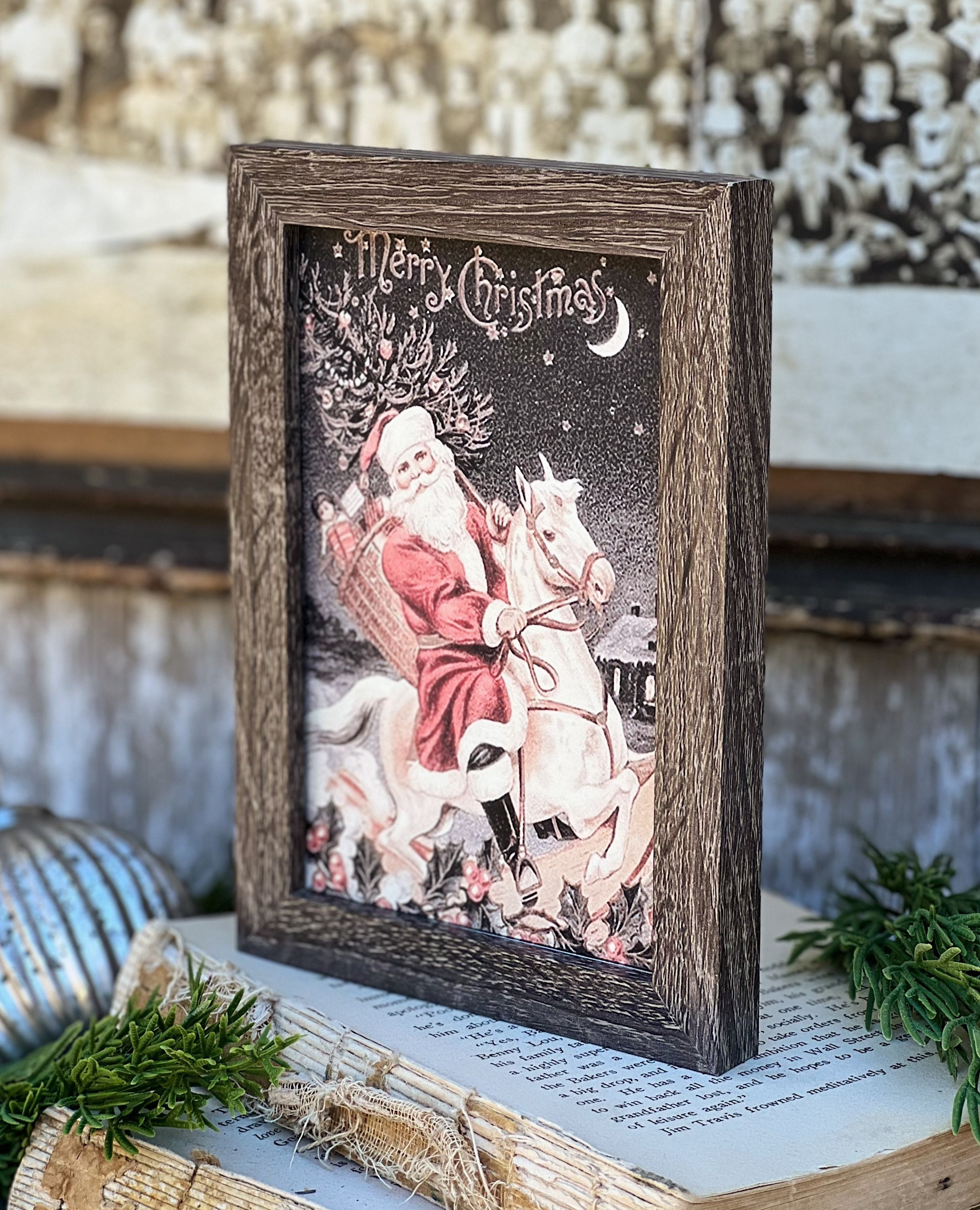 Vintage Christmas Frame SANTA ON HORSE Framed Sign Farmhouse Christmas ...