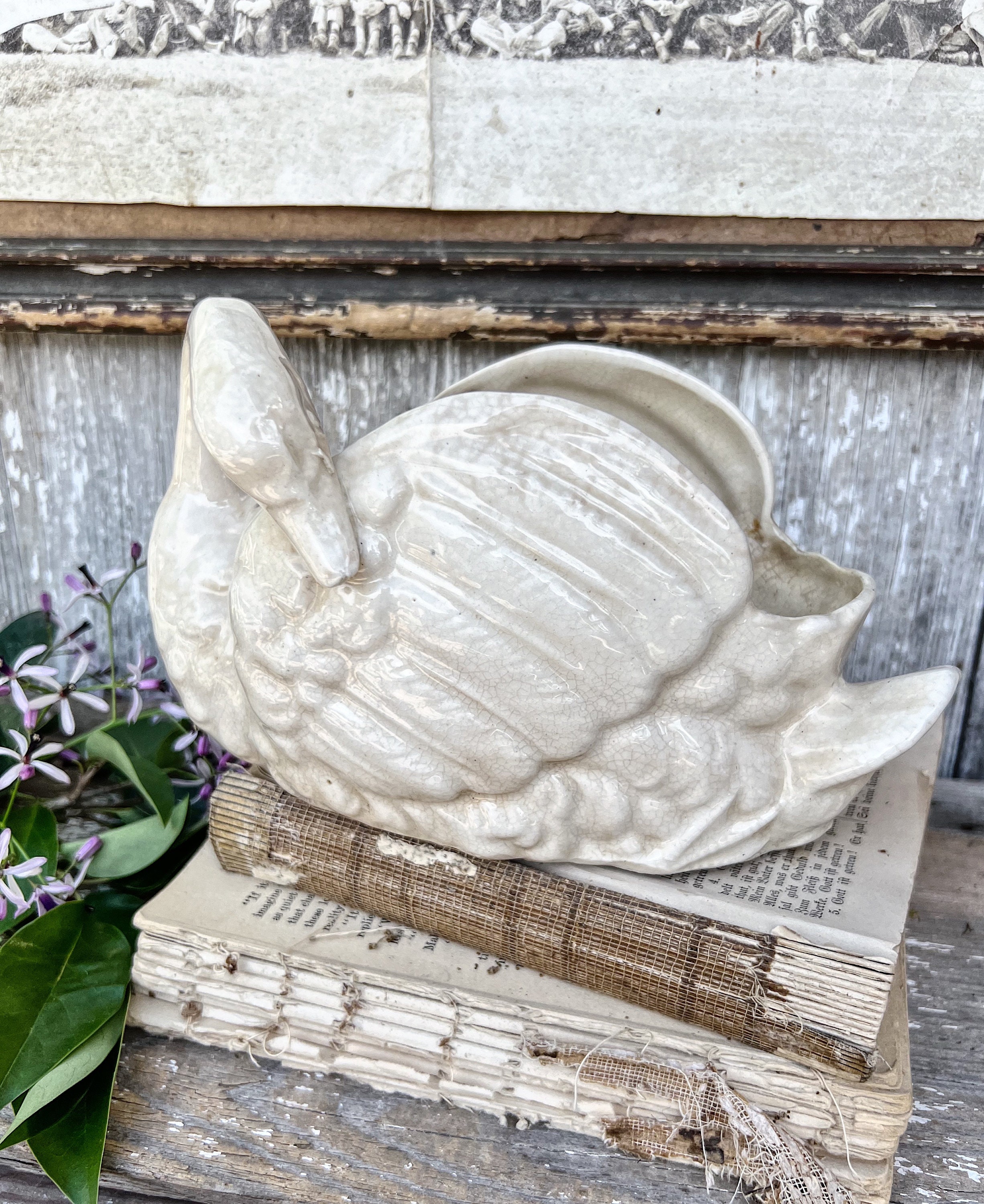 Antique Ironstone SWAN PLANTER Bowl Vase Farmhouse Primitive Decor ...