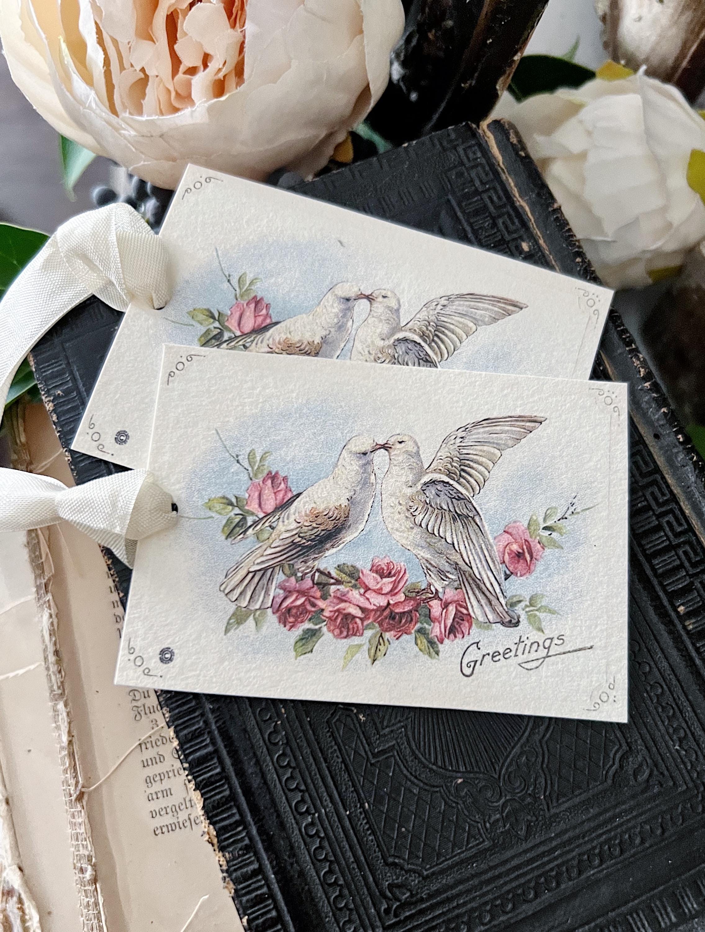Valentine Greetings Vintage Gift Tags DOVES Farmhouse Decor Card Shabby