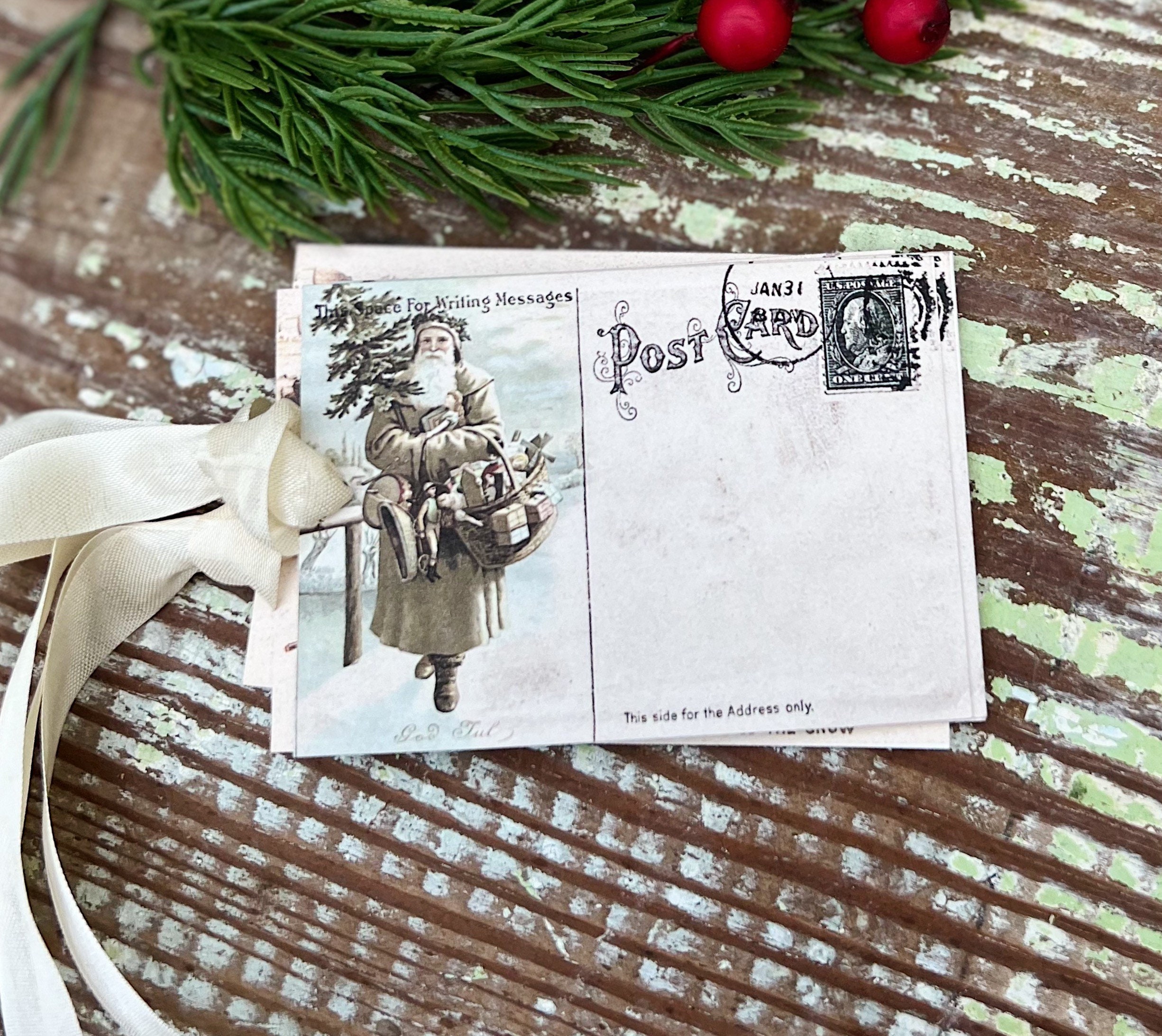 Christmas Gift Tags Vintage SANTA POST CARD Farmhouse Decor Card French ...