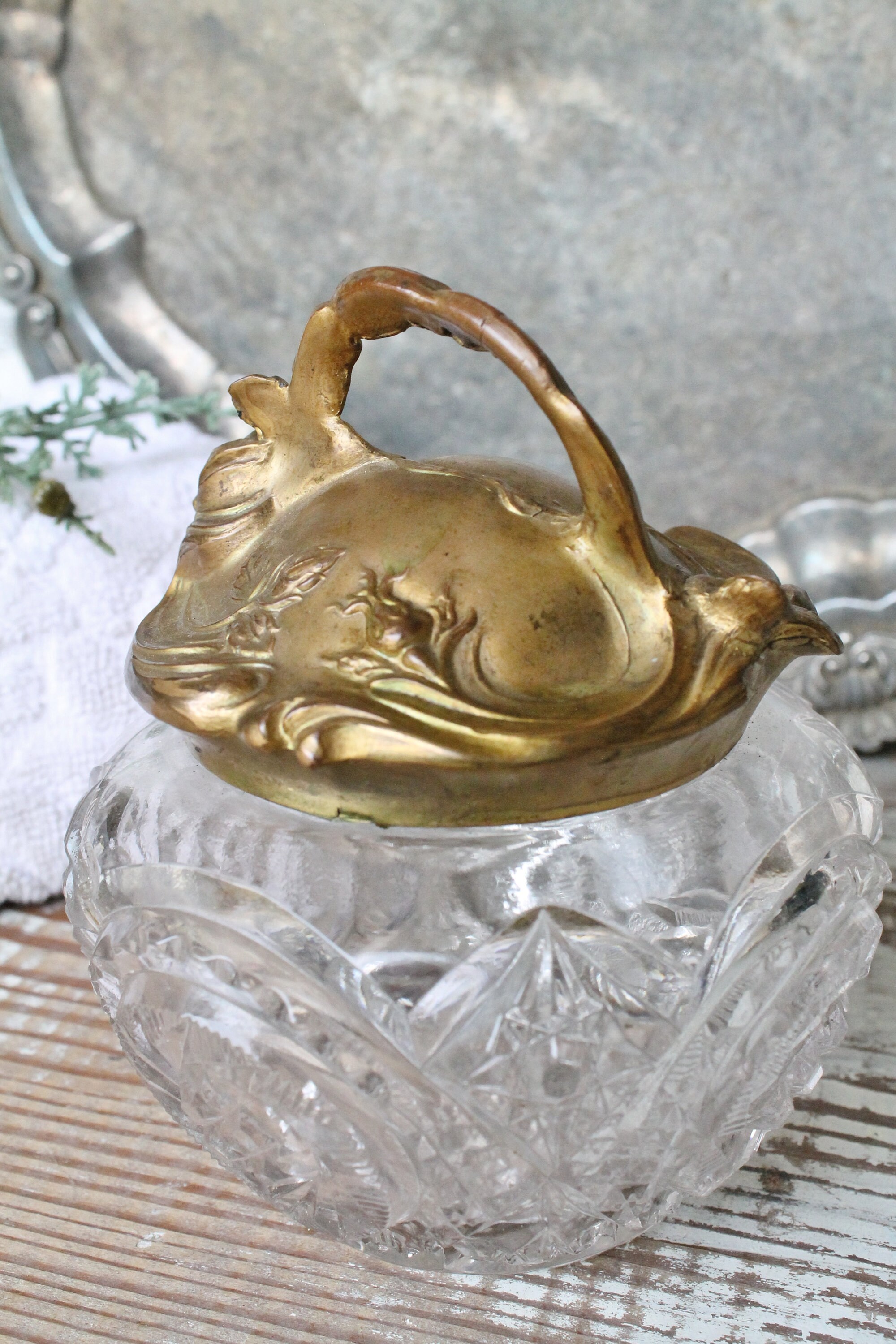 Antique Cut Glass Jar With Gold Lid Cast Art Nouveau Gold Vanity Box Etched Glass Jar