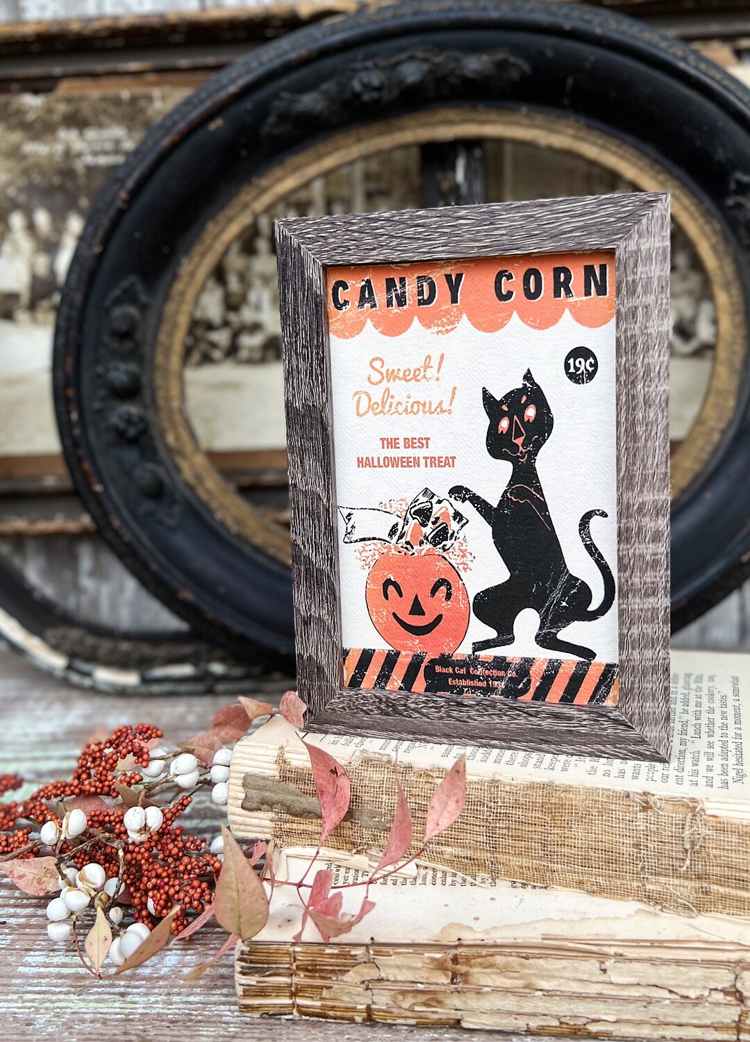 HALLOWEEN CANDY CORN Sign Black Cat Frame Farmhouse Vintage Retro Print ...