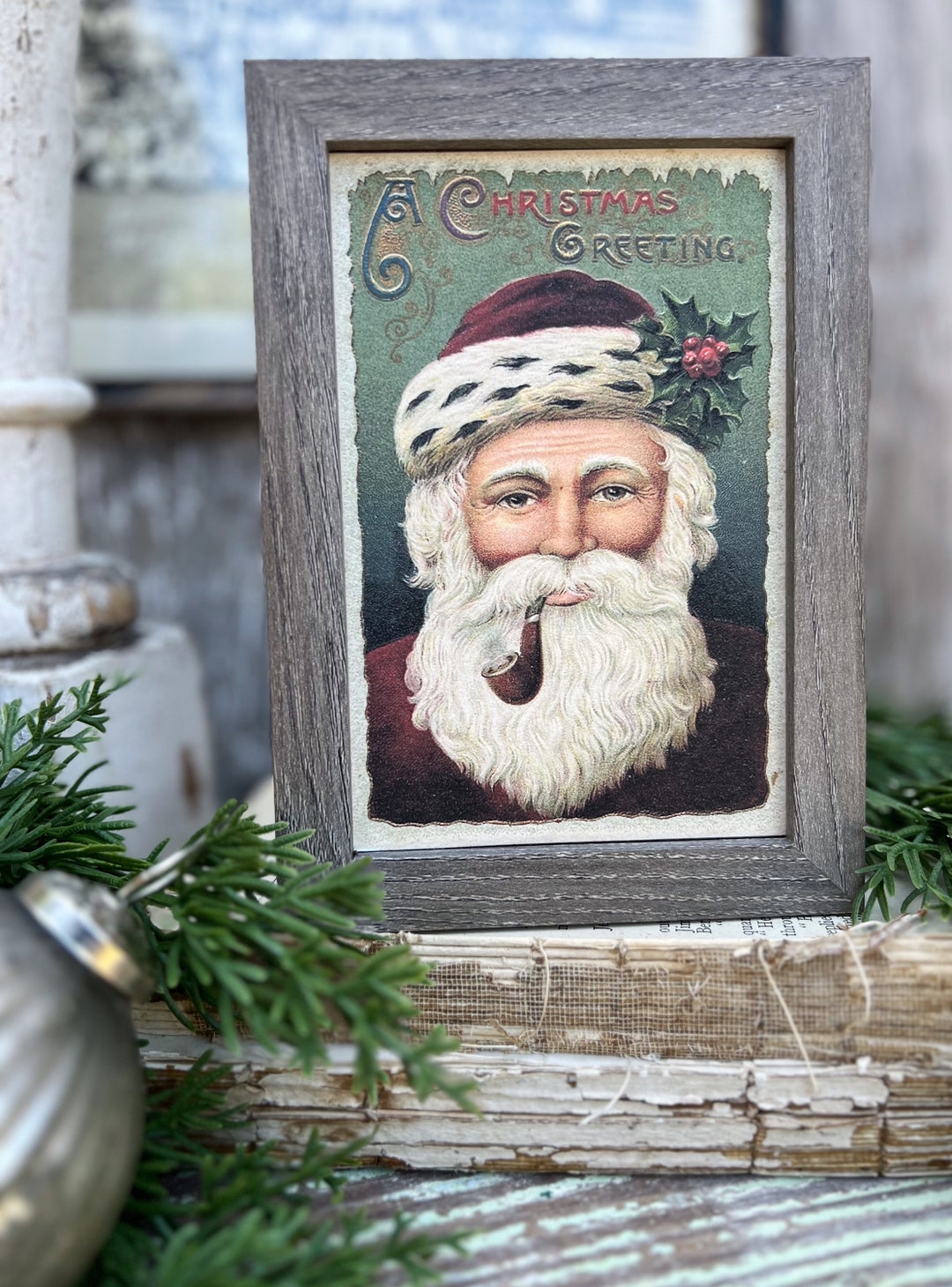 Vintage SANTA With Pipe Victorian Farmhouse Christmas Winter Decor Barn ...
