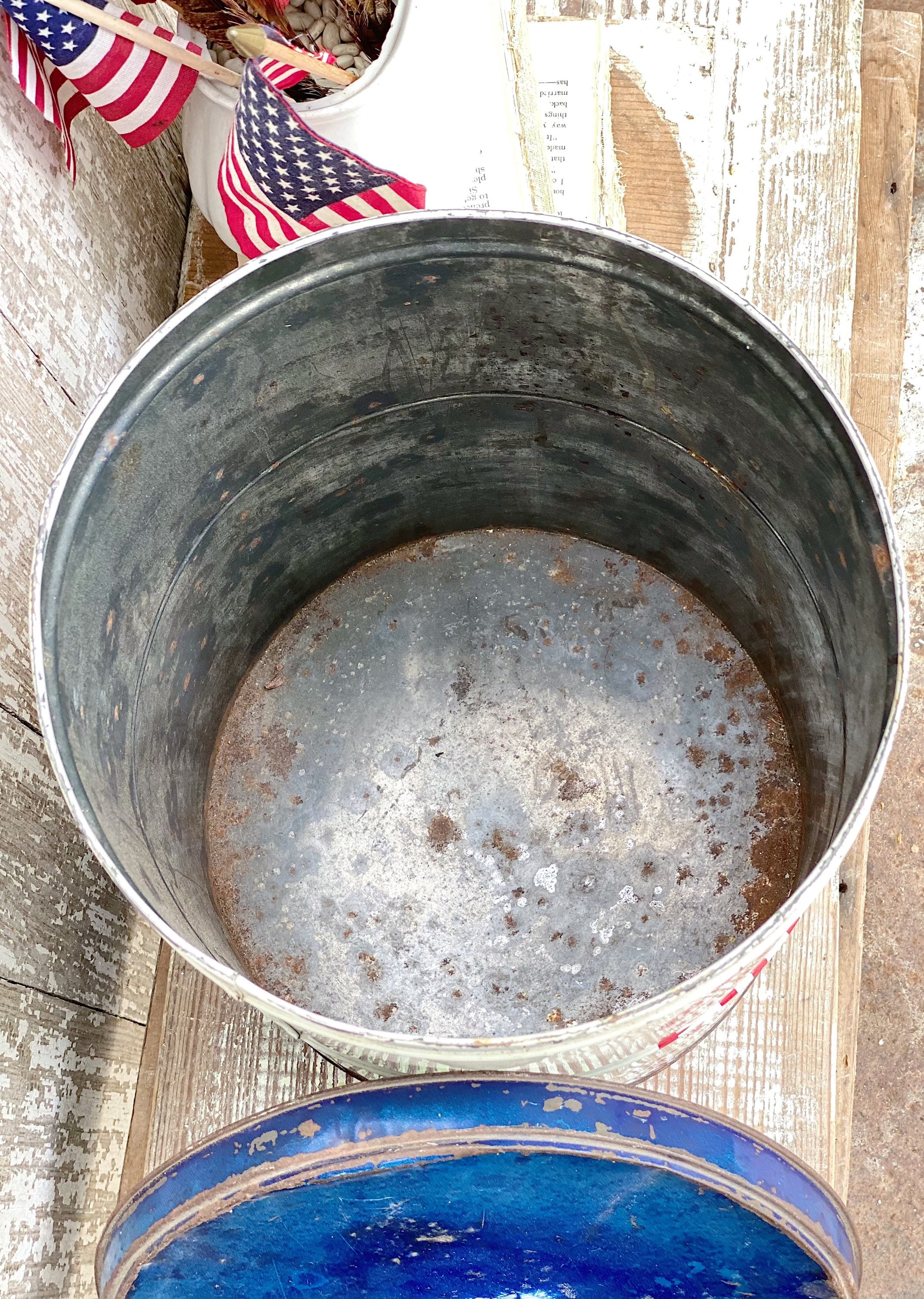 Antique GROFF’S POTATO CHIPS Red White Blue Tin Can Bucket Galvanized ...