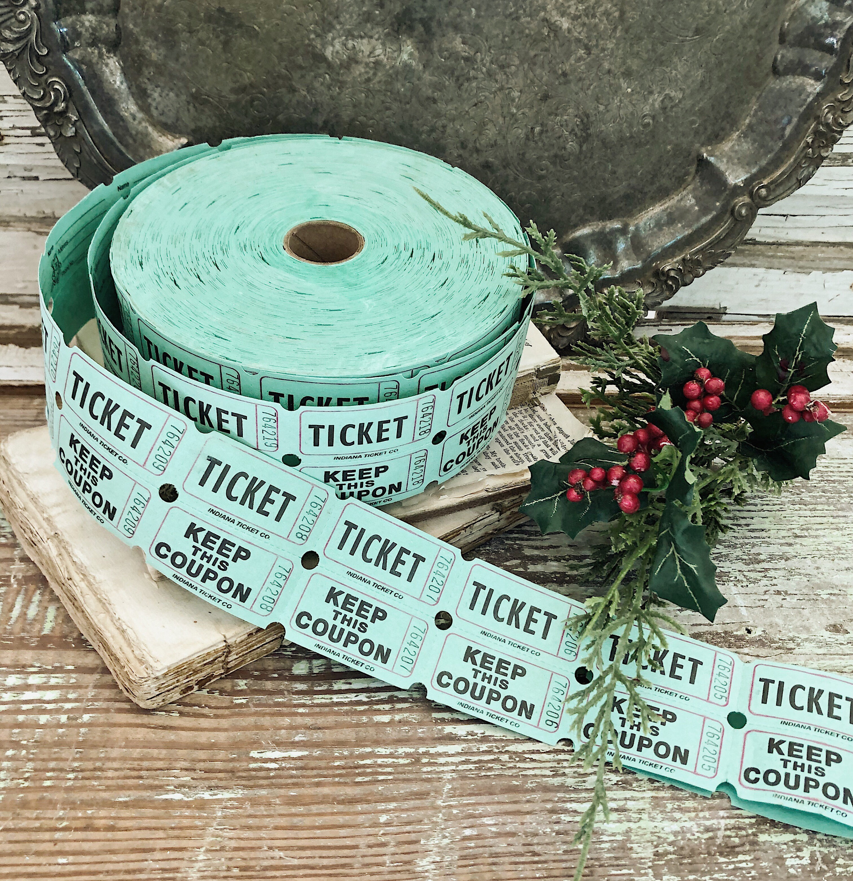 Vintage GREEN and RED Raffle Ticket Fair Carnival CHRISTMAS Decor ...