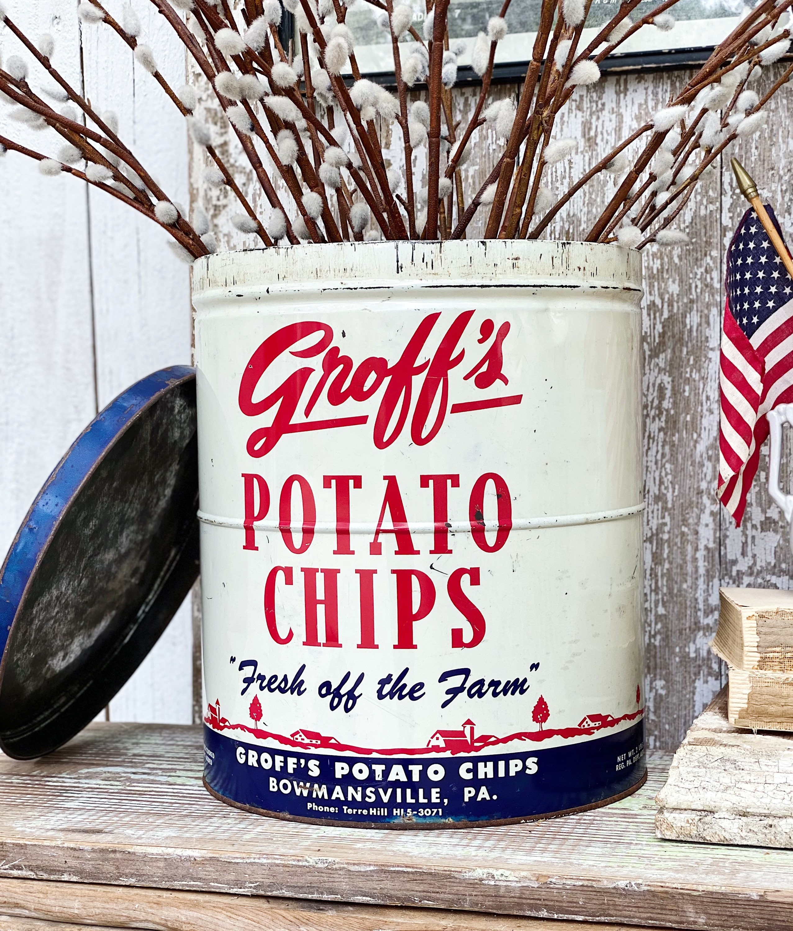 Antique GROFF’S POTATO CHIPS Red White Blue Tin Can Bucket Galvanized ...