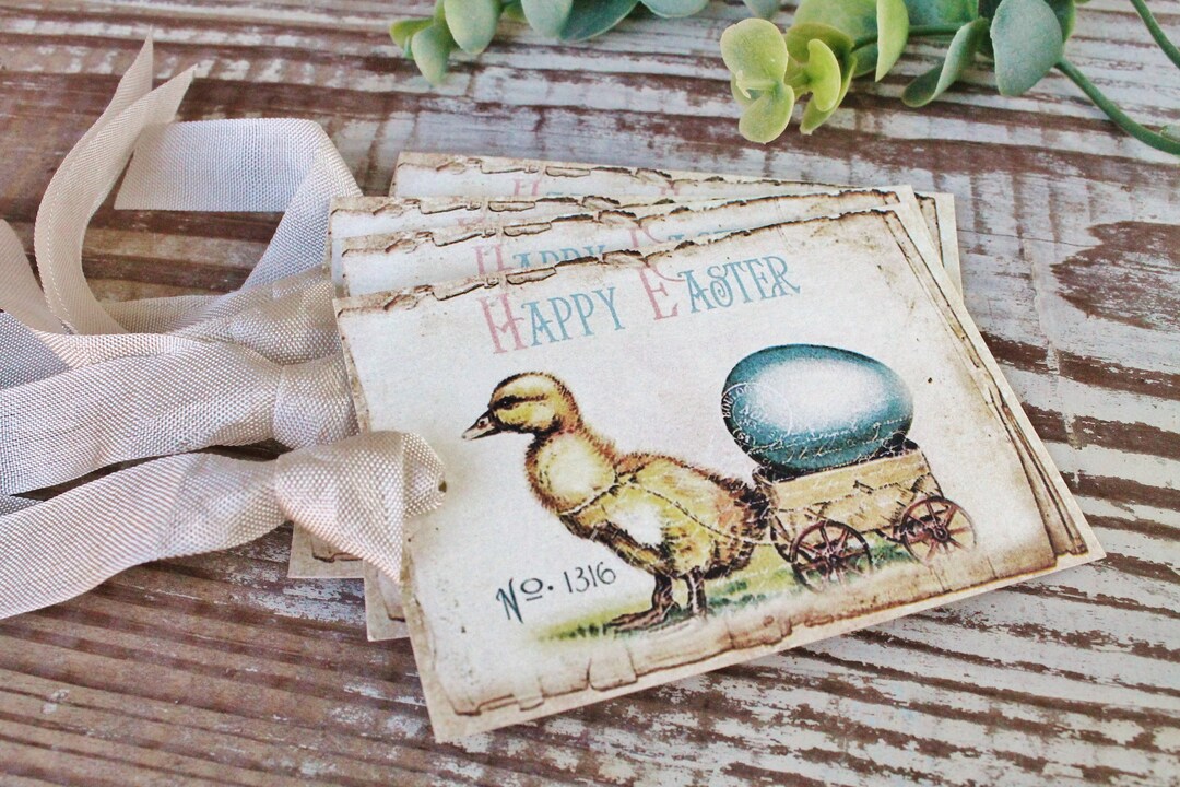 EASTER Vintage Gift Tags Happy Easter Chick Eggs French Farmhouse Decor ...