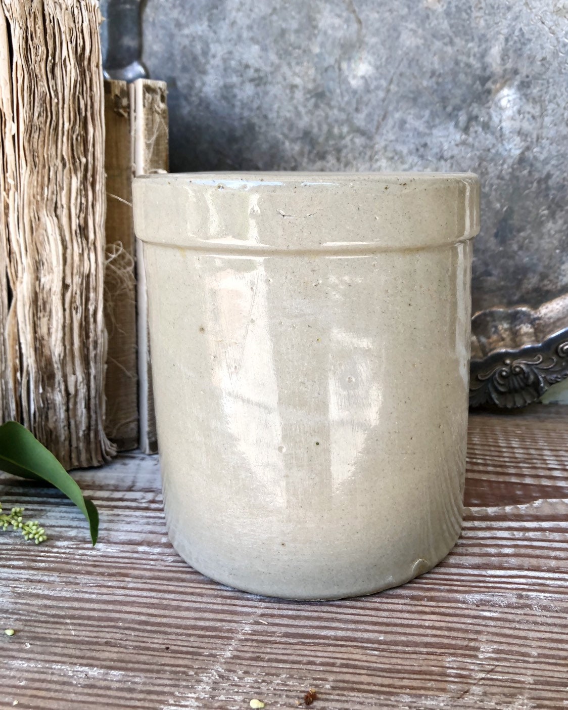 Antique Crock Salt Glaze Stoneware High Jar Farmhouse Decor Primitive Decor