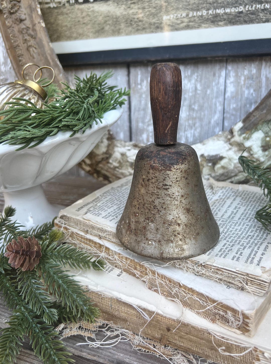 Antique Metal Bell Wood Handheld Dinner Service School Farmhouse Rustic ...