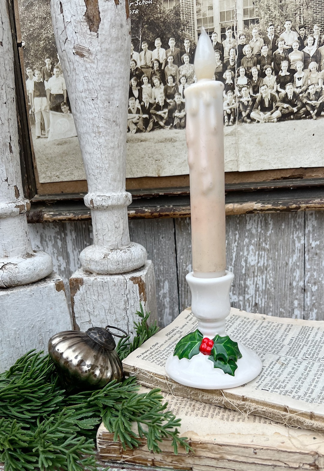 Vintage HOLLY Candle Holder WHITE Farmhouse Christmas Decor Lillian ...