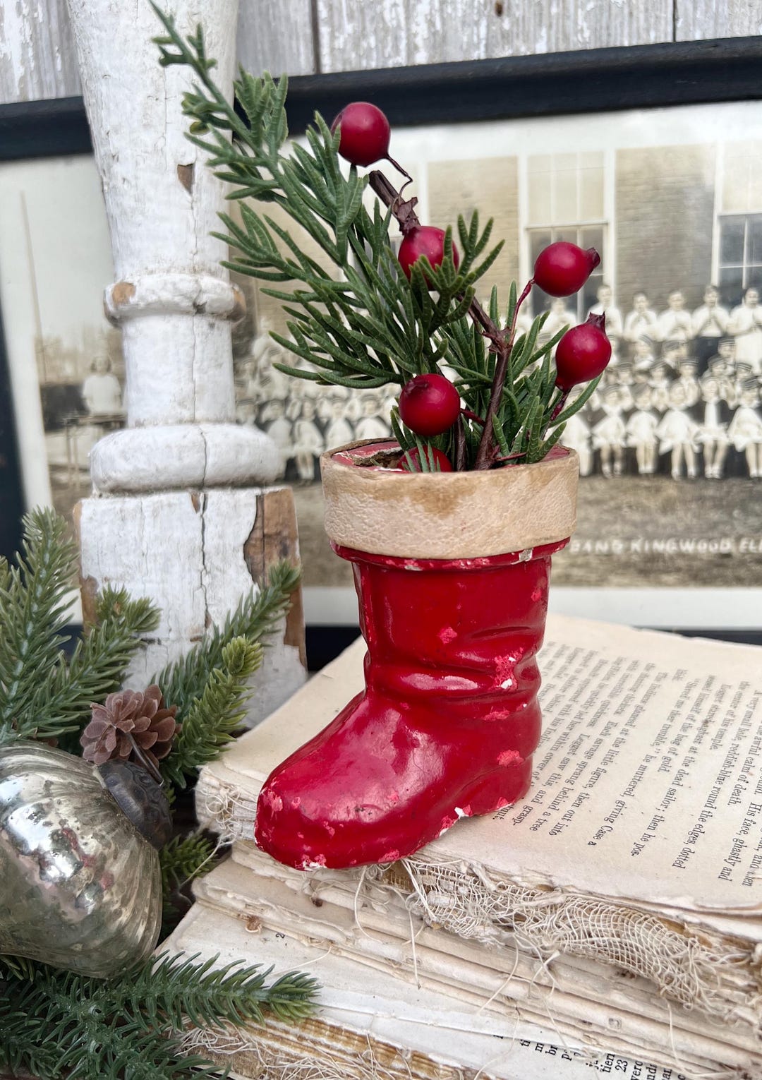 Vintage RED SANTA BOOT Planter Paper Mache Container Farmhouse ...