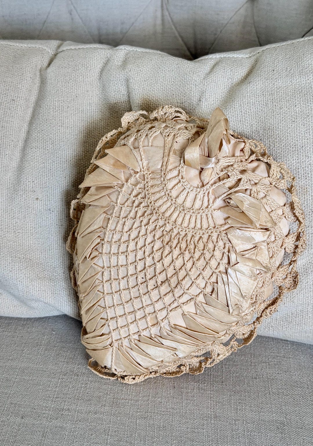 Antique Pillow Crochet Ribbon HEART Primitive Decor Shabby Chic ...