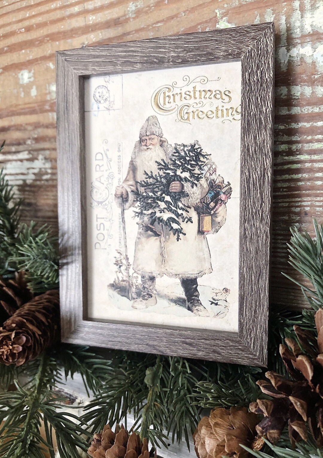Vintage Christmas Frame SANTA Post Card Framed Sign Farmhouse Christmas ...
