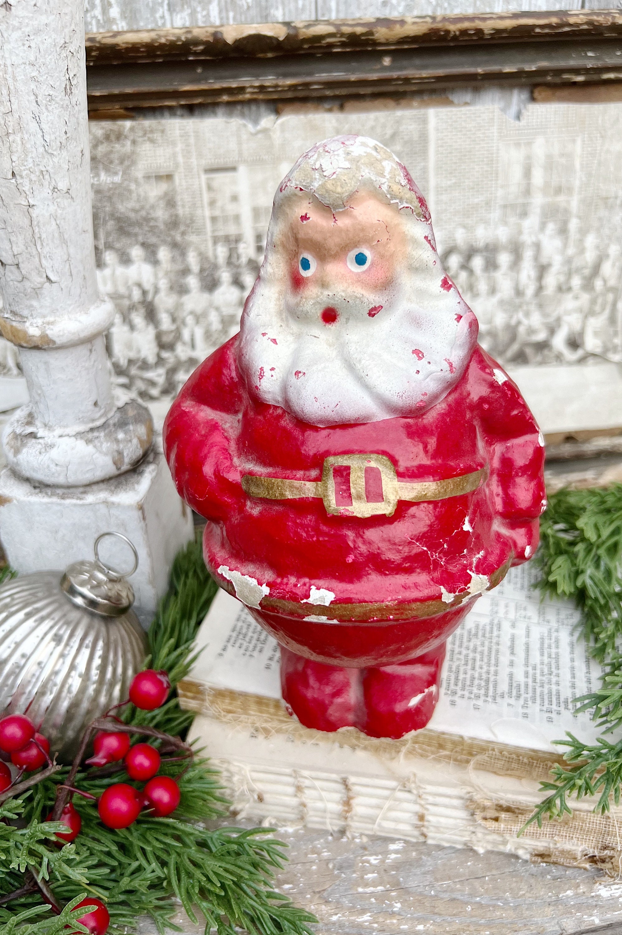 Antique RED SANTA CLAUS Paper Mache Decor Table Top Christmas Figurine ...