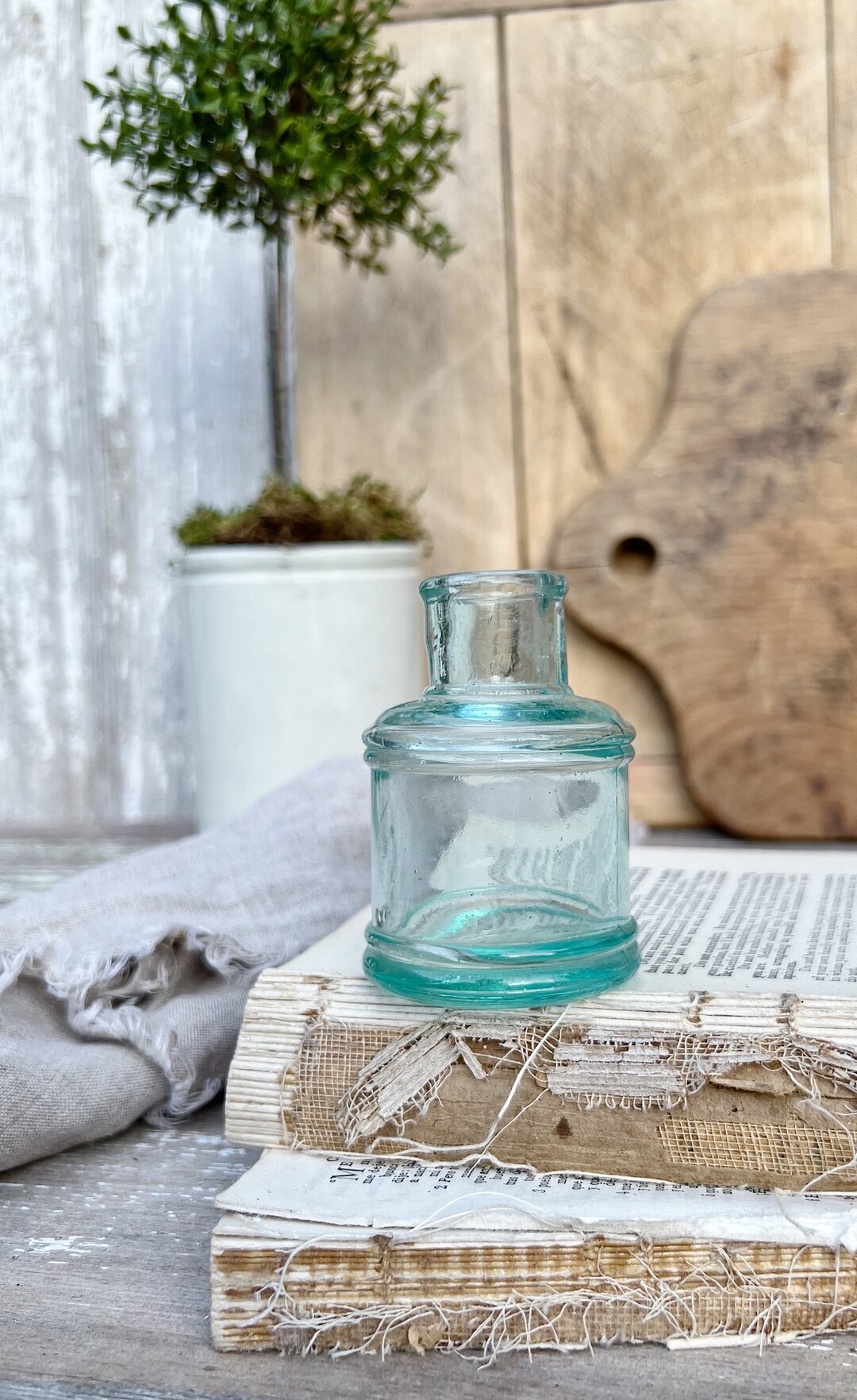 SANFORDS Antique English Aqua Glass Inkwell Bottle Green Blue Ink Well ...