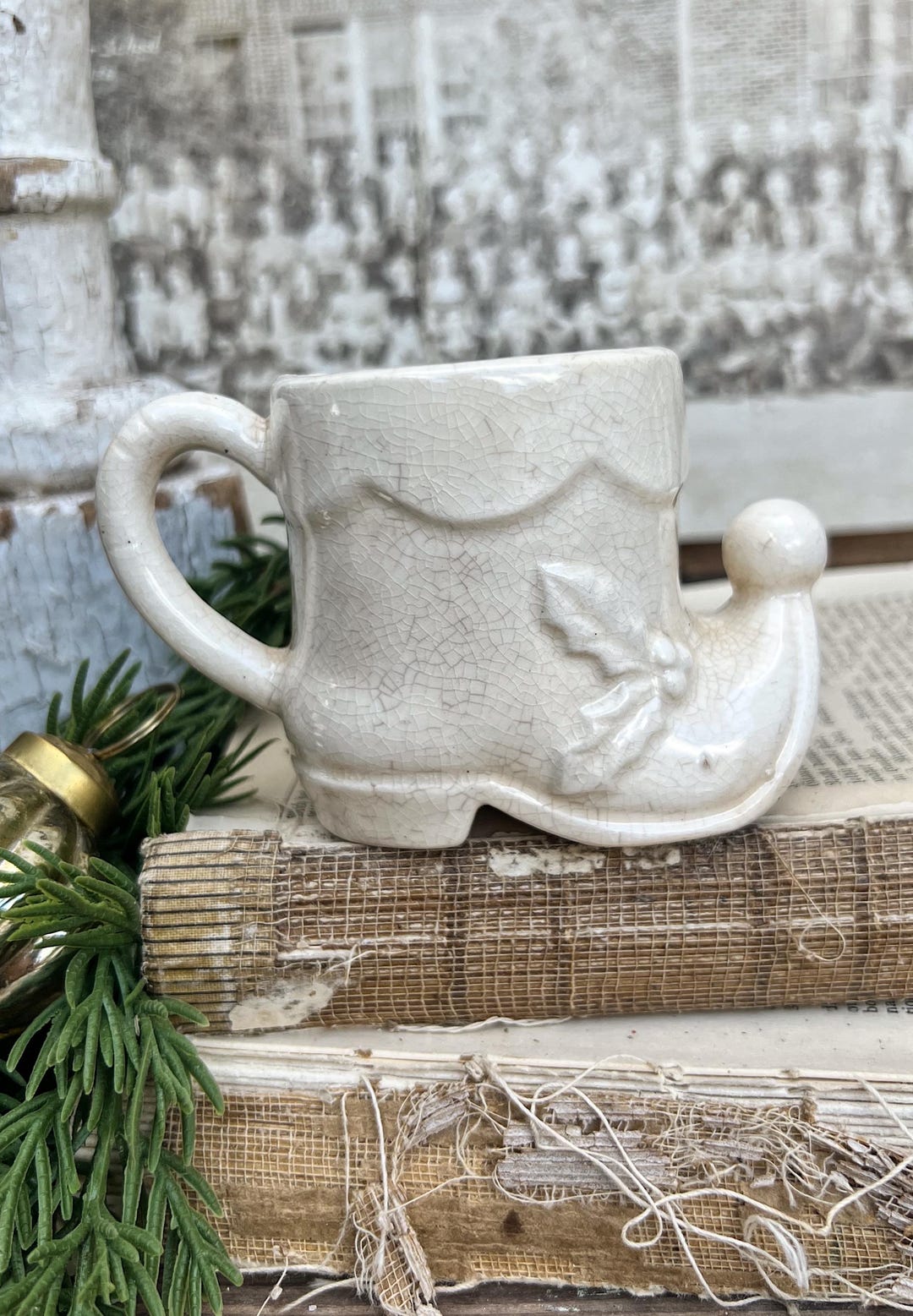 Vintage Ironstone Elf BOOT Cup Mug FULL SIZE Creamy White Santa ...