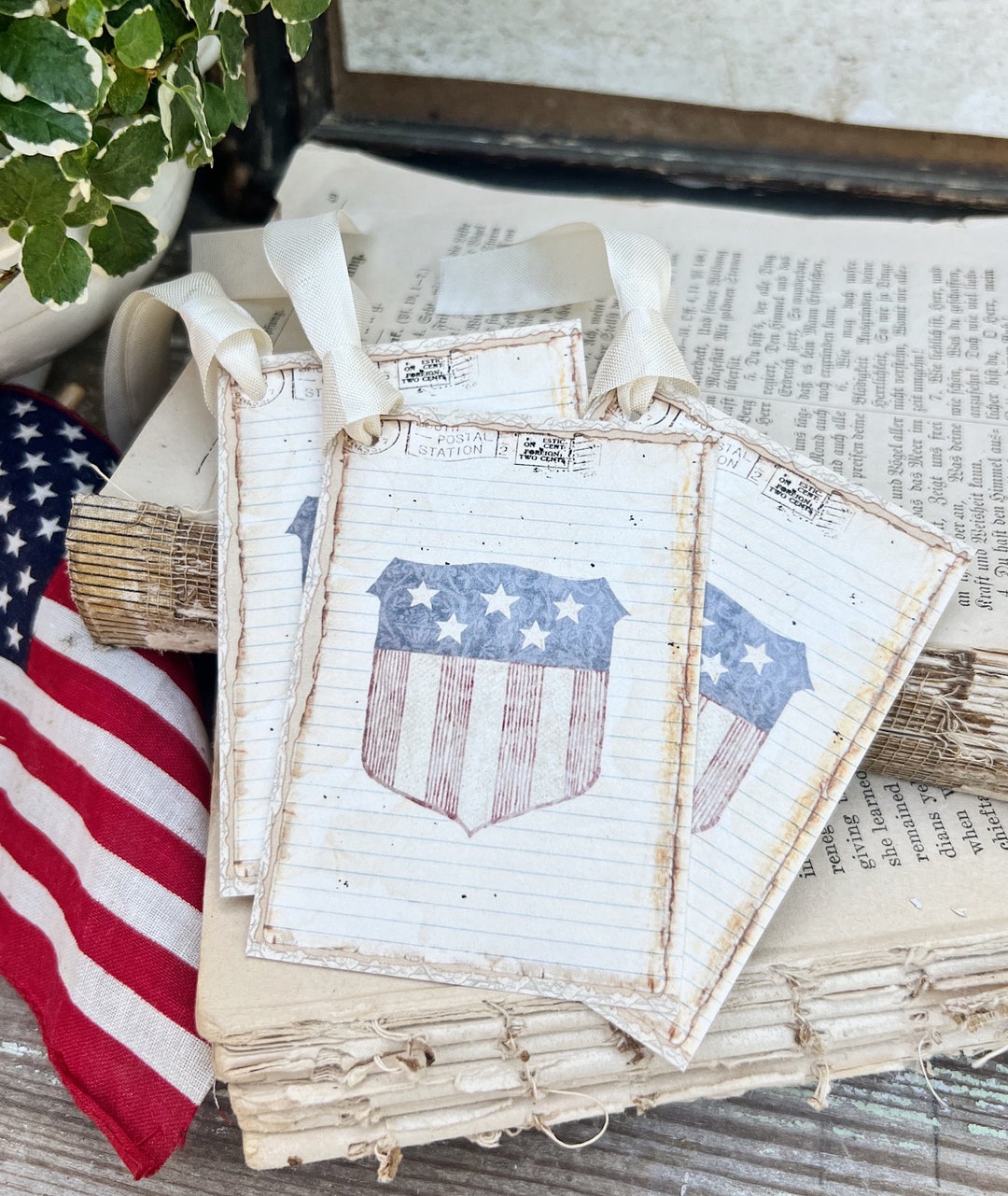 PATRIOTIC SHEILD FLAG Vintage Gift Tags Americana Fourth July Farmhouse ...