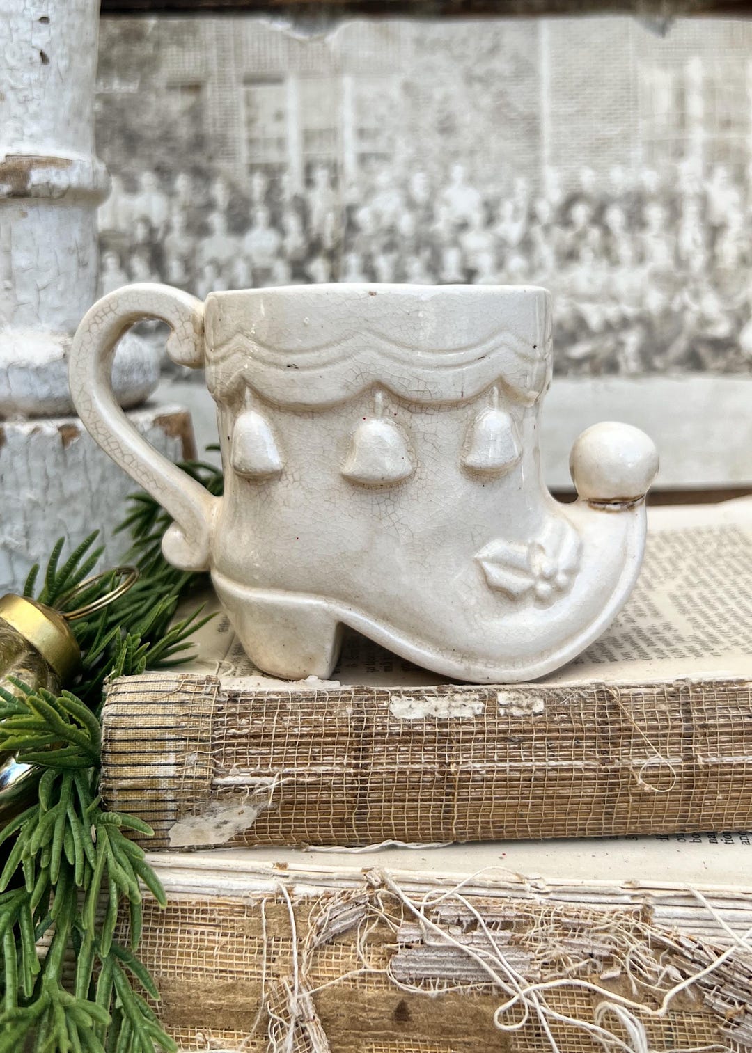 Vintage Ironstone Santa BOOT Cup Mug FULL SIZE Creamy White Farmhouse ...