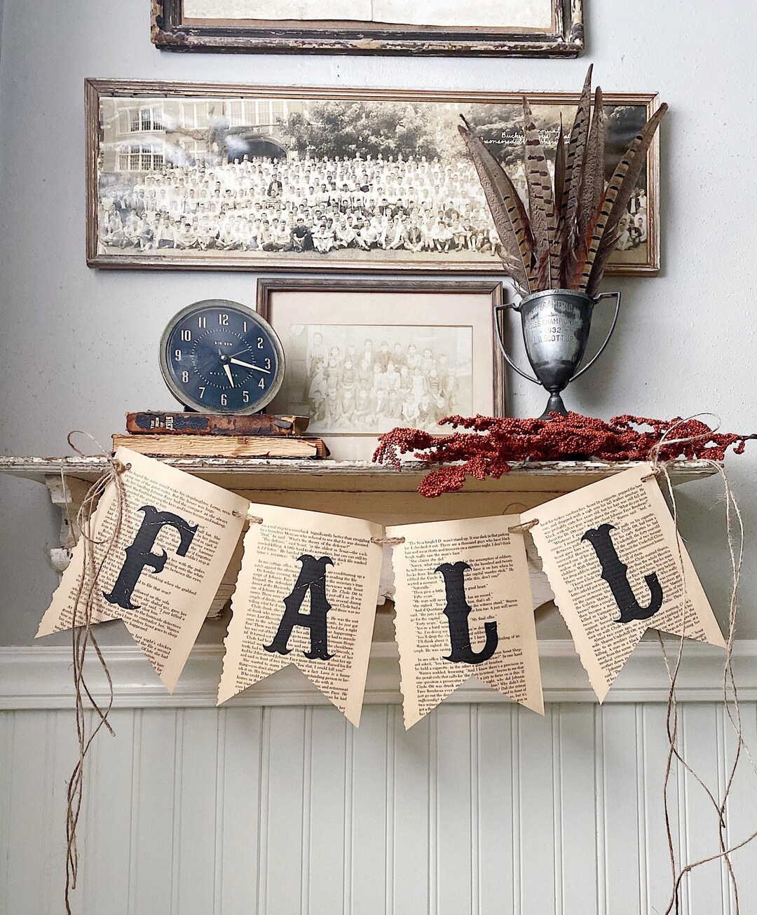 FALL Banner Vintage Book Page BANNER Bunting Pennant Sign Farmhouse ...