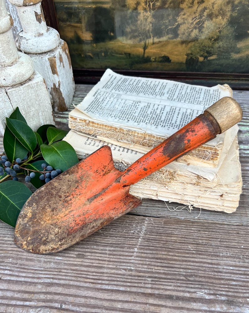 Vintage Garden Hand Tool Shovel Trowel Orange Chippy Paint Metal Farmhouse Decor Fixer Upper ...