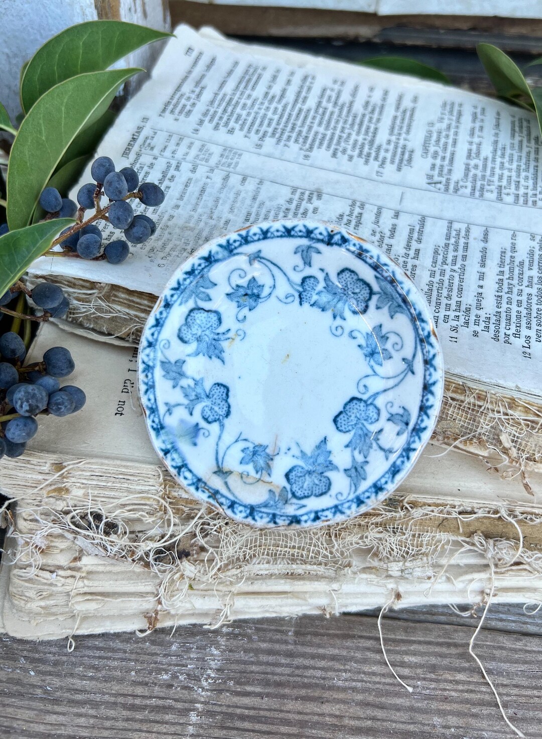 Antique Ironstone Butter Pat MADDOCK Chunky Transferware Green White ...