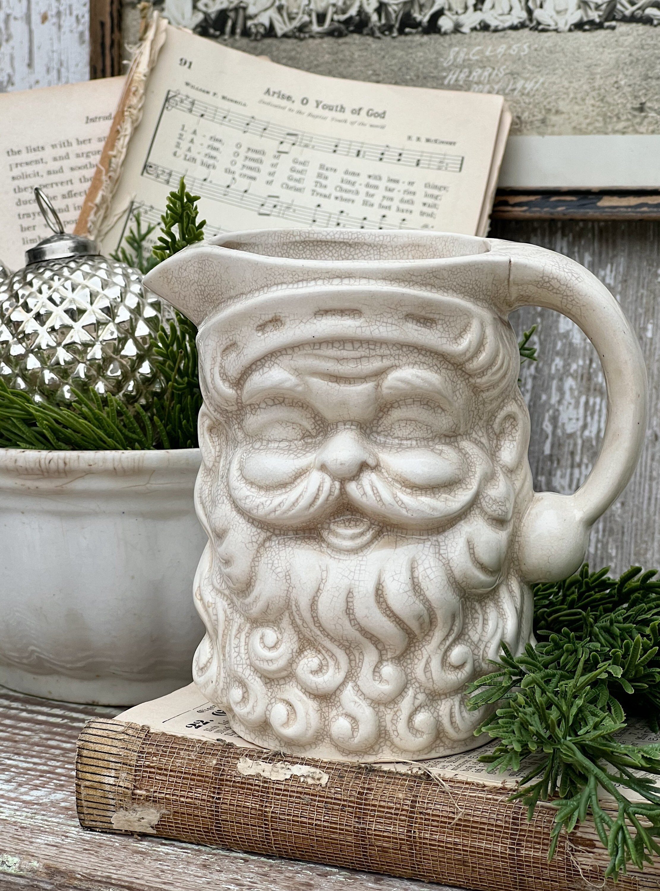 Vintage Ironstone Santa Claus PITCHER Creamy White Farmhouse Christmas ...