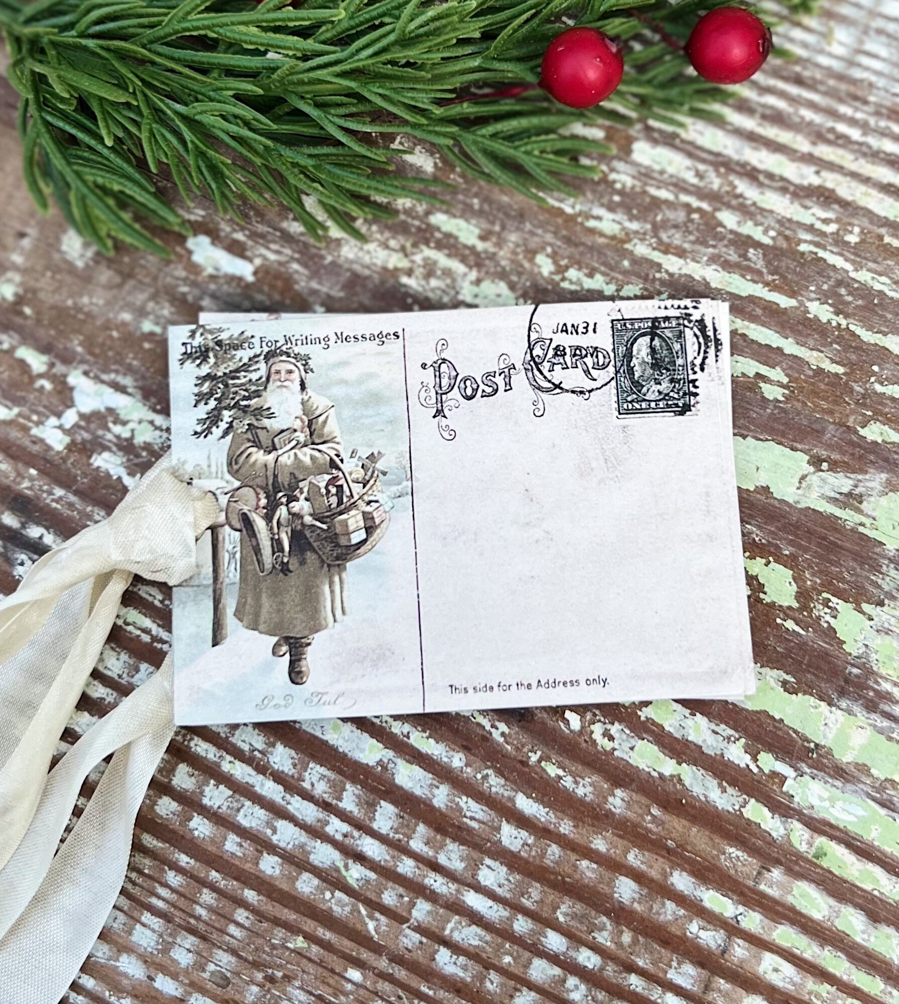 Christmas Gift Tags Vintage SANTA POST CARD Farmhouse Decor Card French ...