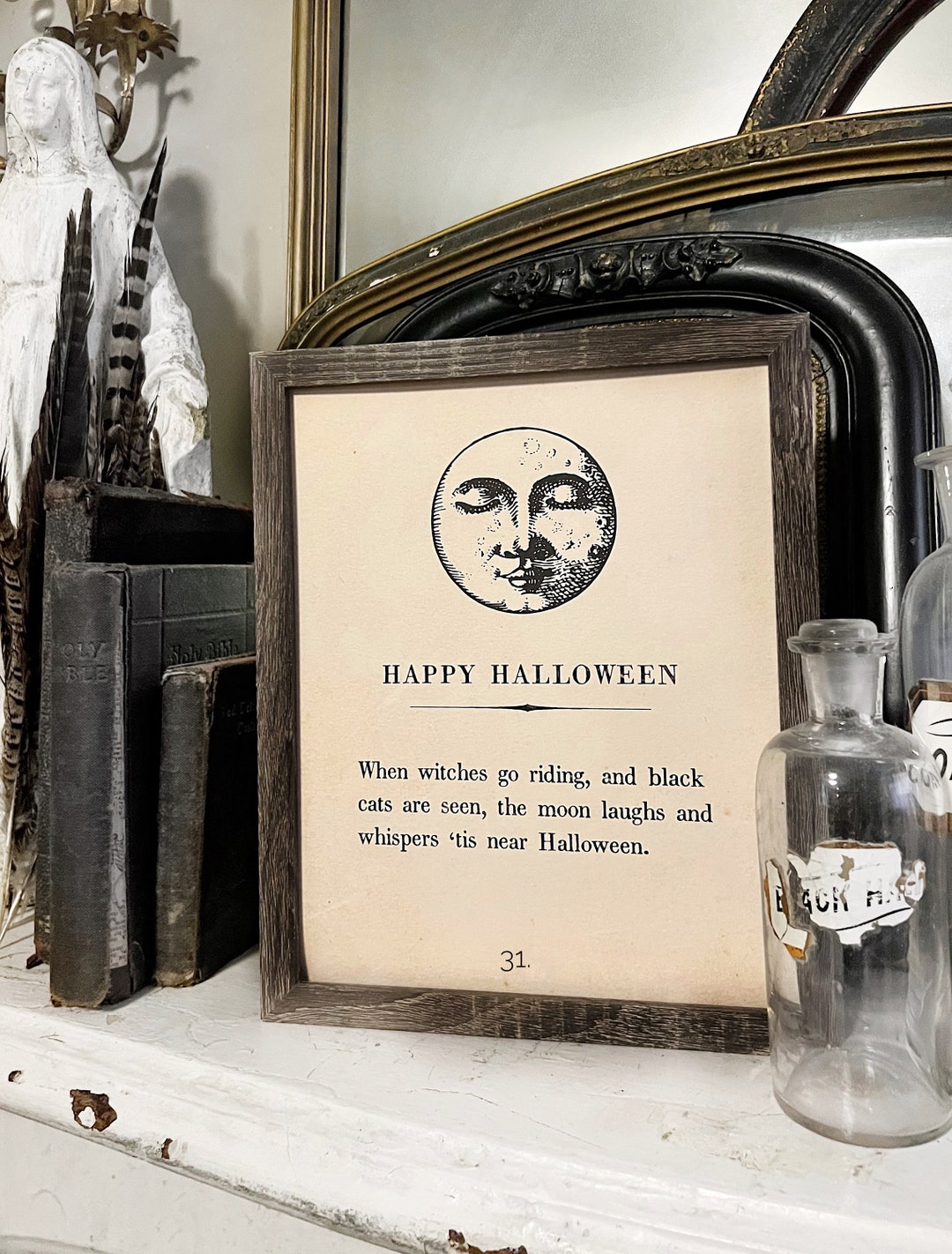 HAPPY HALLOWEEN Vintage Book Page Sign Wood Frame Moon Primitive Fall ...