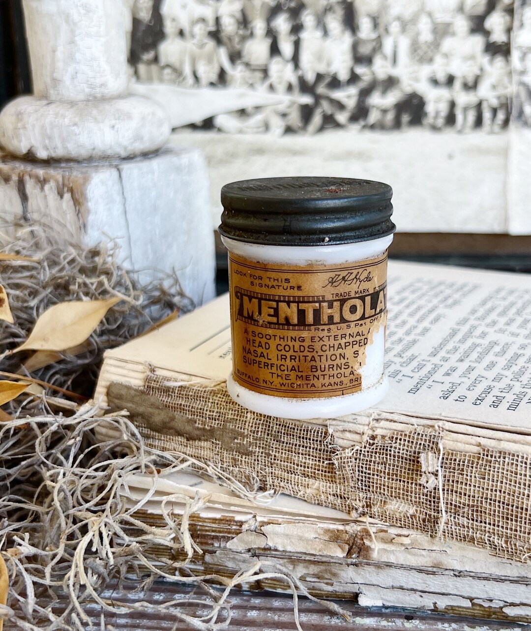 Antique Milk Glass Apothecary Jar MENTHOLATUM White Pharmacy Farmhouse ...