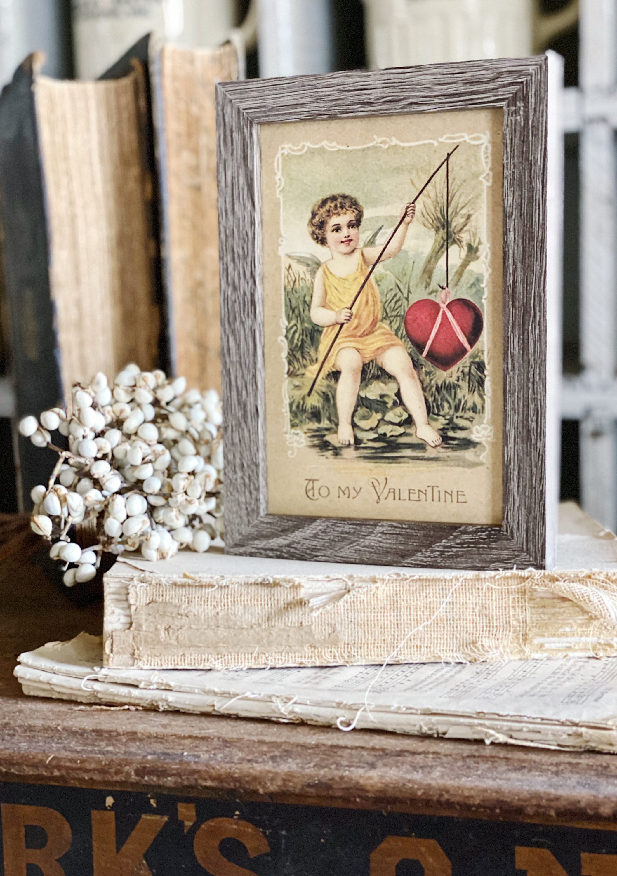 VALENTINE Cupid Fishing Framed Sign Farmhouse Decor Barn Wood Rustic