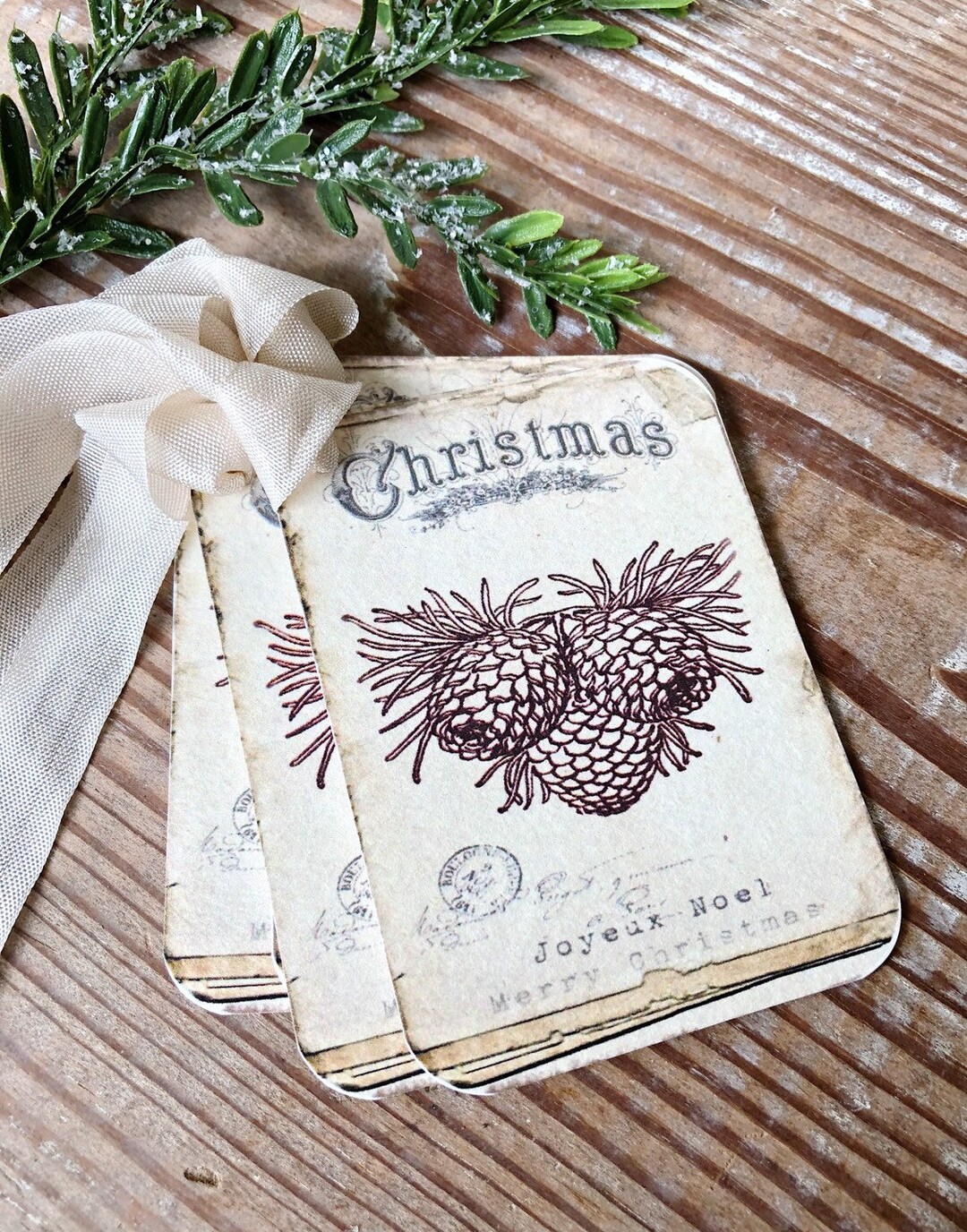 Christmas Vintage Gift Tags JOYEUX NOEL PINECONES Farmhouse Christmas ...