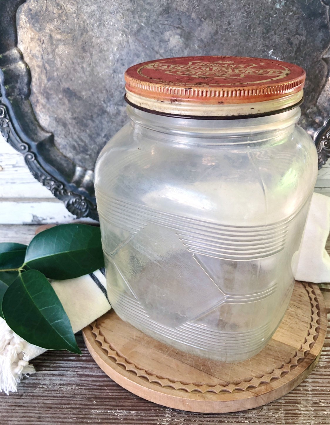 Vintage Dungans Coffee Hoosier Glass Jar With Red Lid Christmas Decor Farmhouse Decor Glass