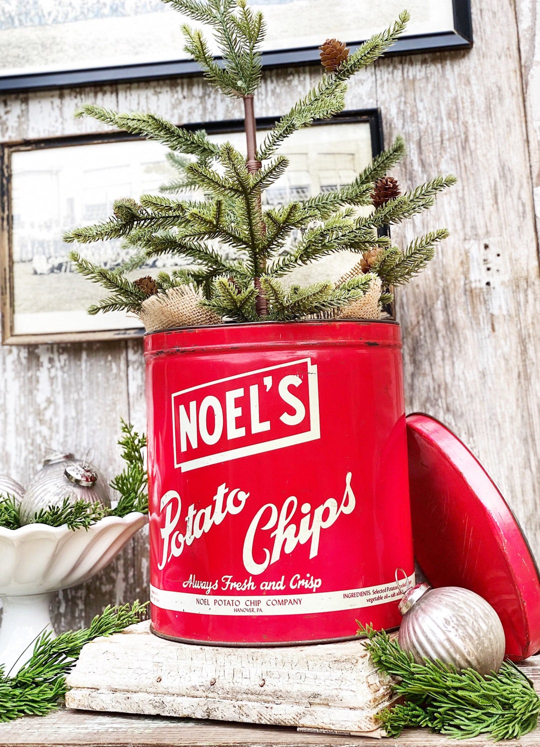 Antique NOELS POTATO CHIPS Red Tin Can Bucket Galvanized Christmas ...