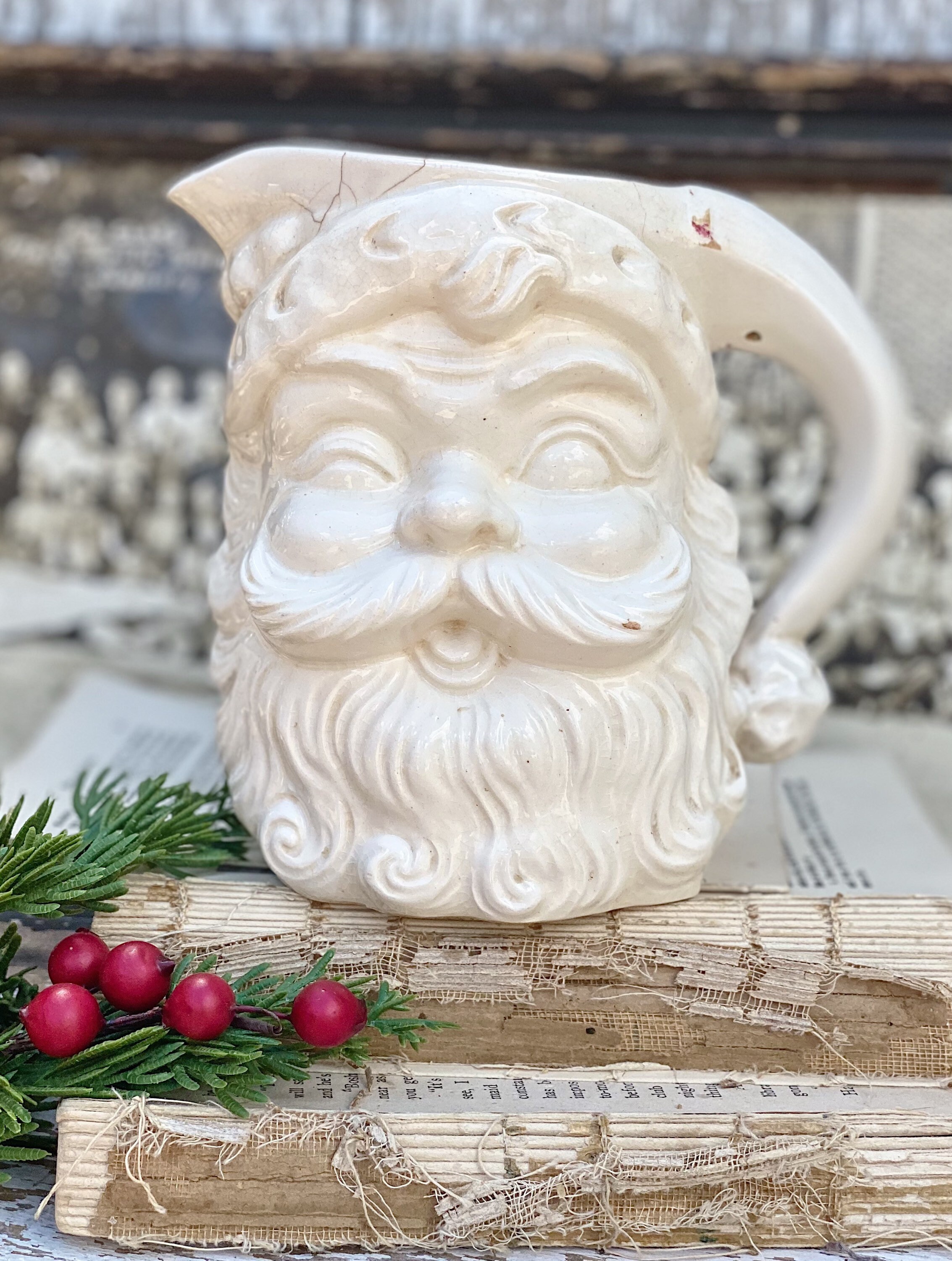 Vintage LARGE Ironstone Santa Claus PITCHER Creamy White Santa Face ...