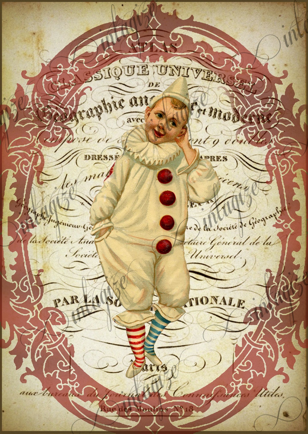 Original Print French Circus Pierrot Clown Boy Ready for Framing, Quilt ...