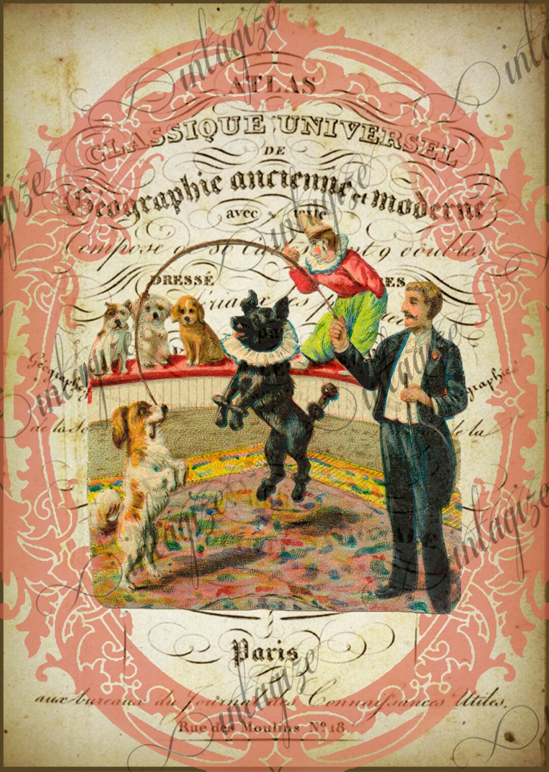Original Print French Circus Ringmaster, Trick Dogs & Clown - Ready for ...