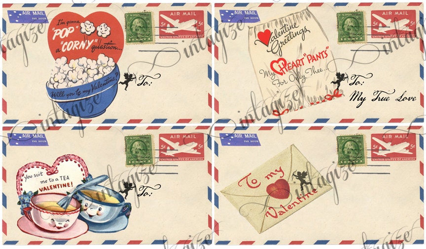 Printable Vintage Valentine Cards INSTANT Digital DOWNLOAD 4 Retro ...
